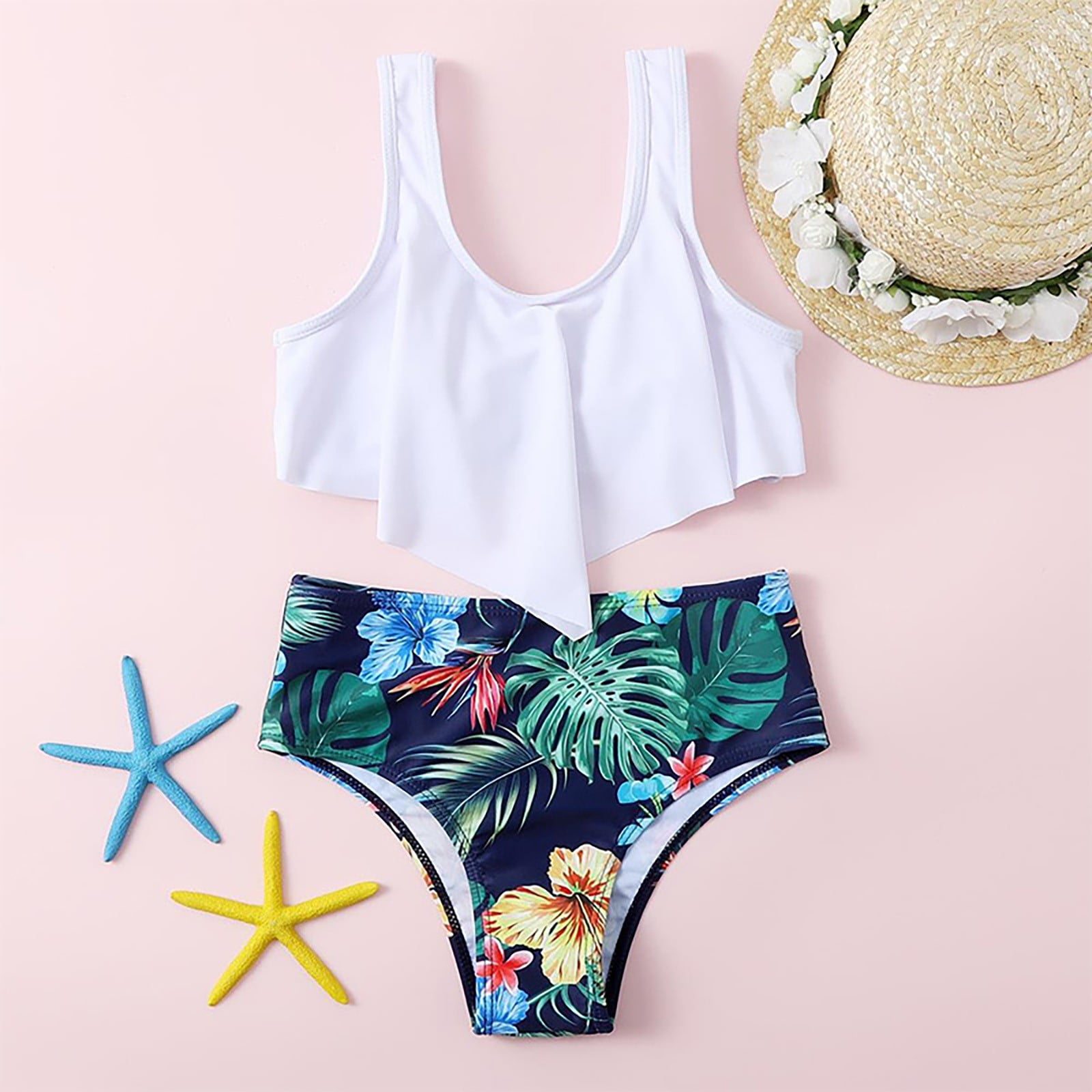 XIMIN New Girls Swimsuit Split Ruffles Floral Leaves Small Middle and ...