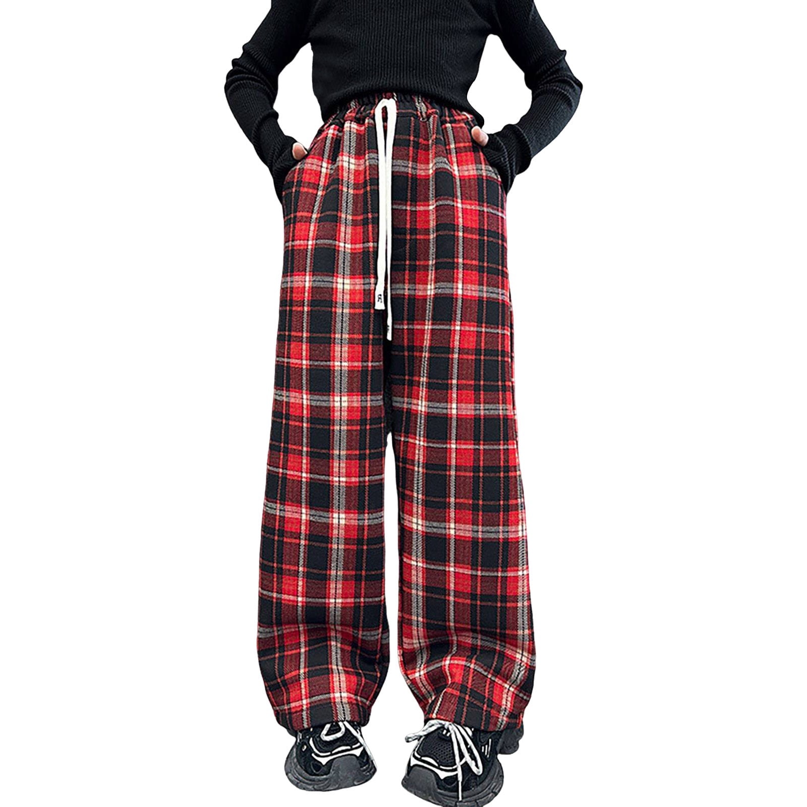XIMIN Teen Girls Oversized Wide Leg Fleece-Lined Sweat Pants Plaid ...