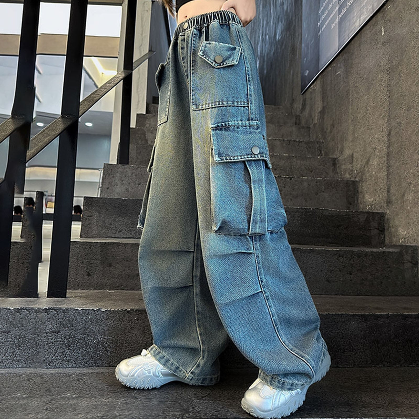 XIMIN Teens Girls Hip Hop Wide Leg Pants Baggy Floor Length Jeans with ...