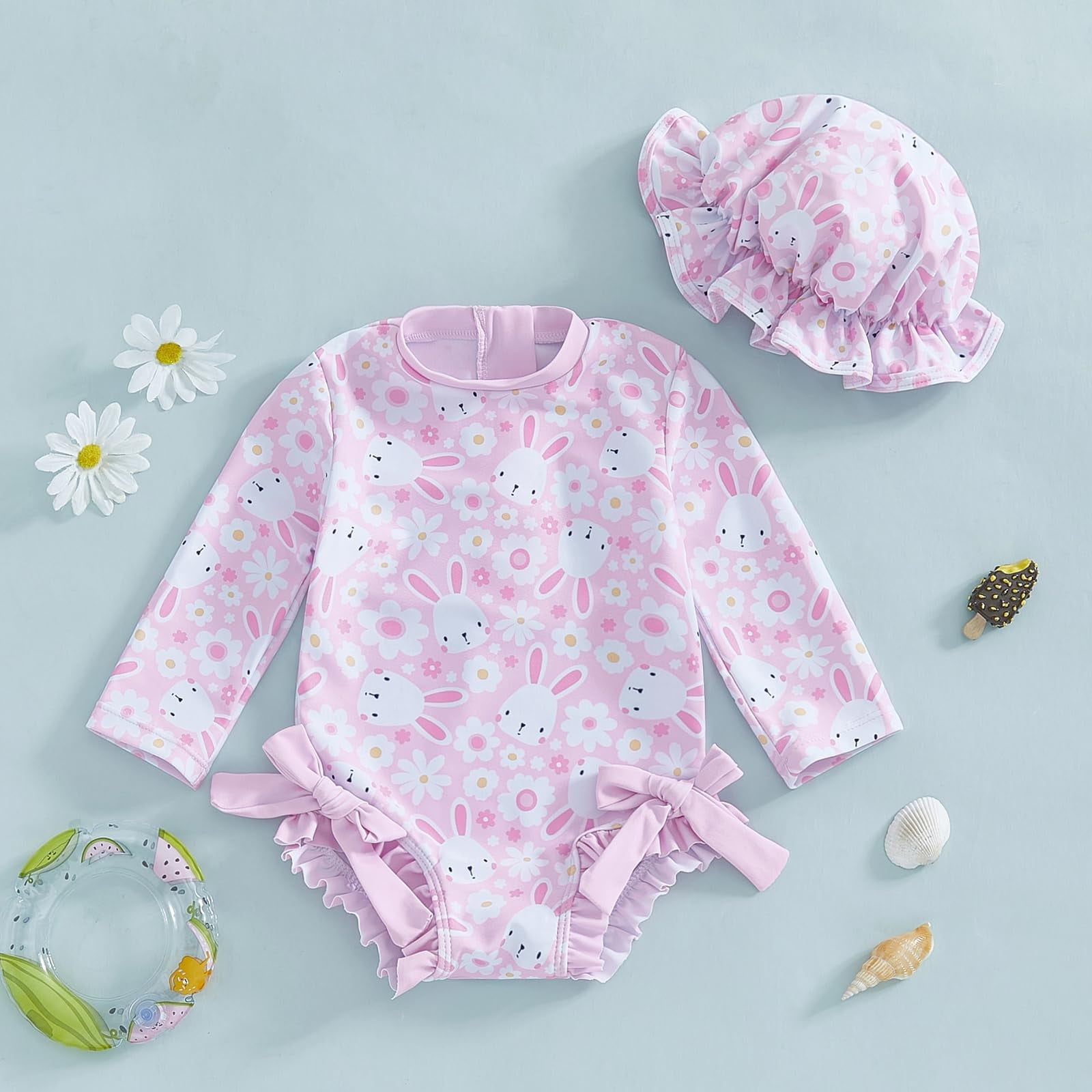 XIMIN Toddler Baby Girl Swimsuit Bow Print Long Sleeve Zipper One Piece ...