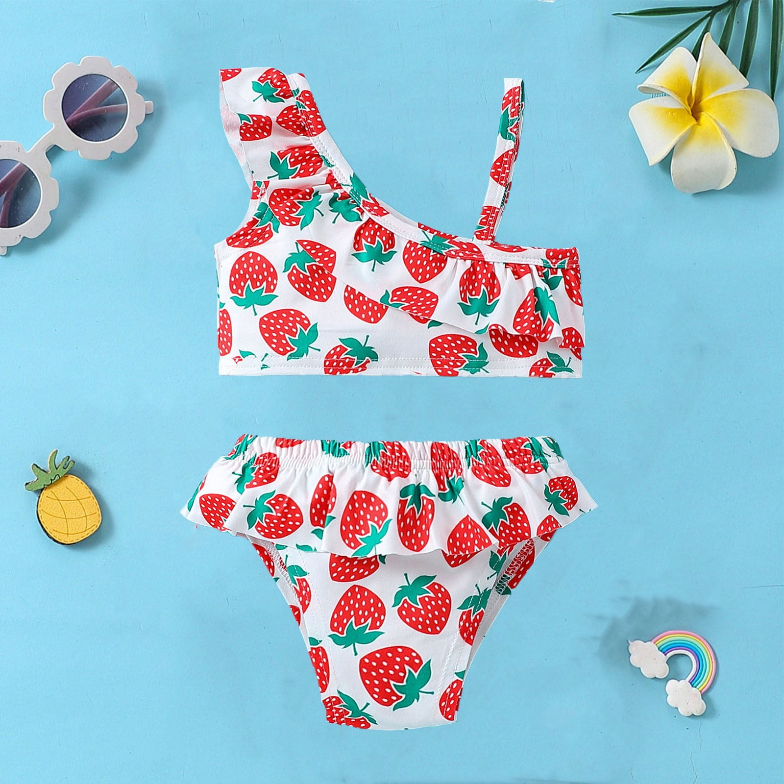 XIMIN Toddler Girl's Strawberry Print One Shoulder Ruffle Swimsuit 2 ...