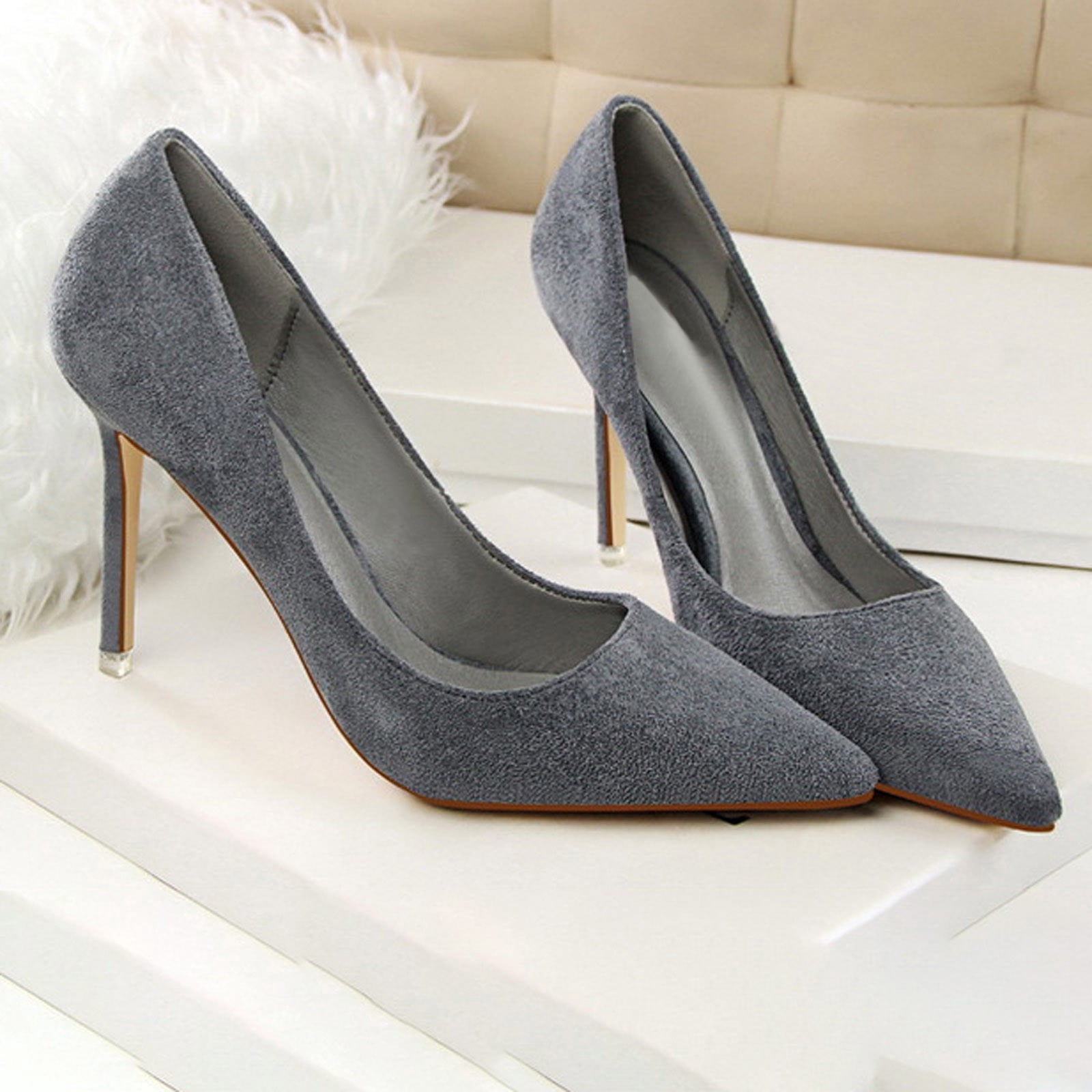XIMIN Women Classic Pointed Toe Closed Toe Heels Suede Stiletto Wedding ...