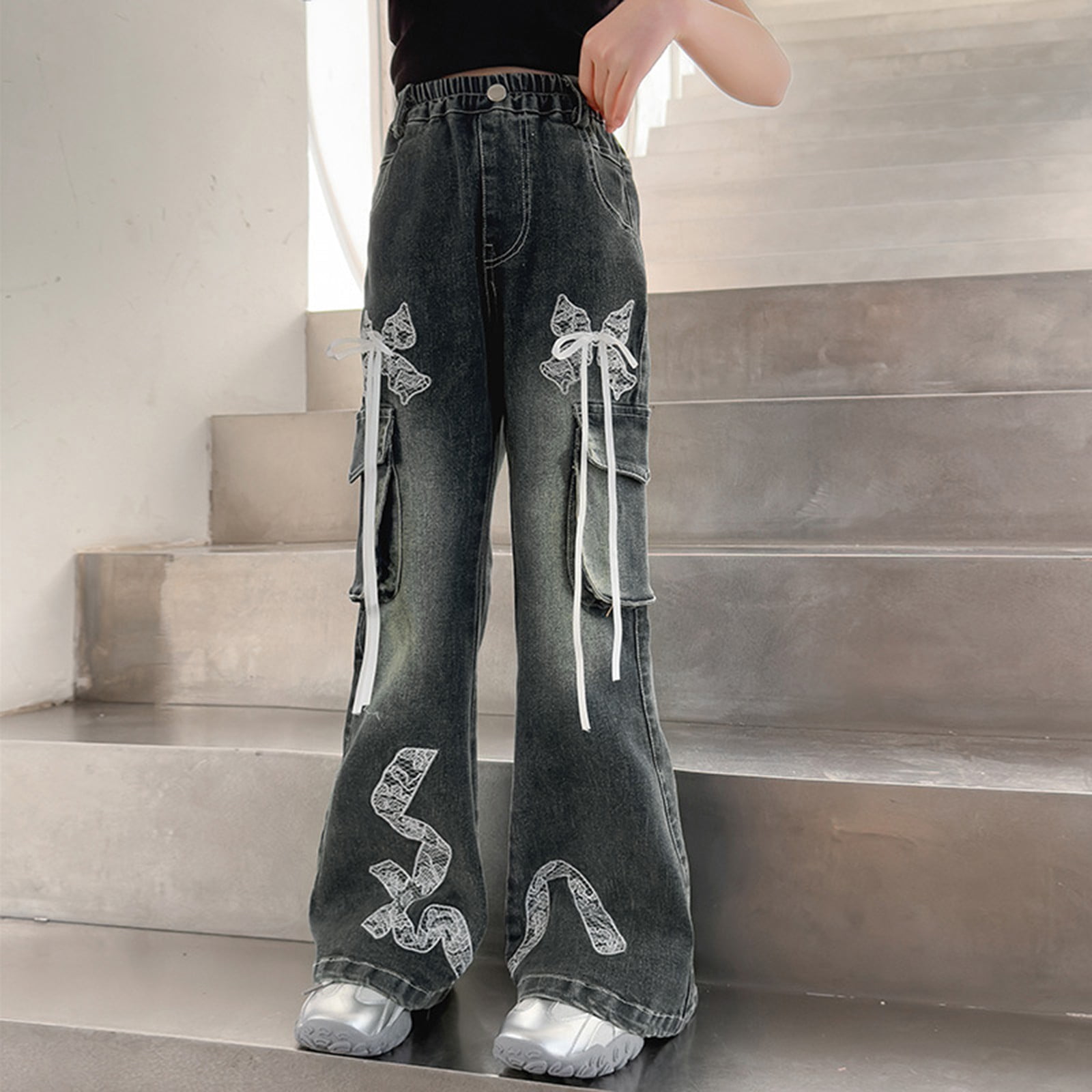 XIMIN Women Lace Bow Casual Bell Bottom Jeans Micro Flared Denim Pants ...