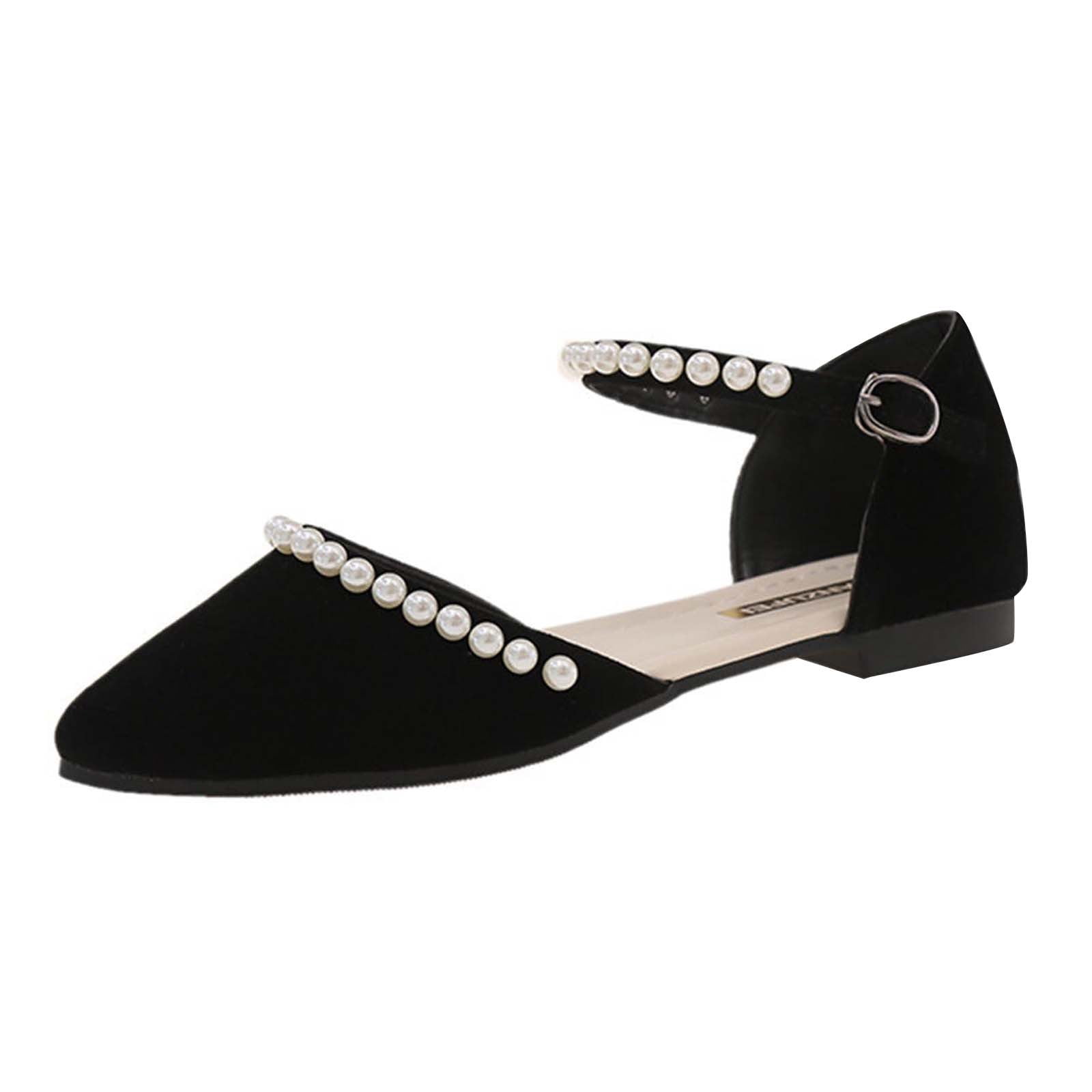 XIMIN Women Lovely Pearls Pointed Toe Rhinestone Bow Flats Light Weight ...