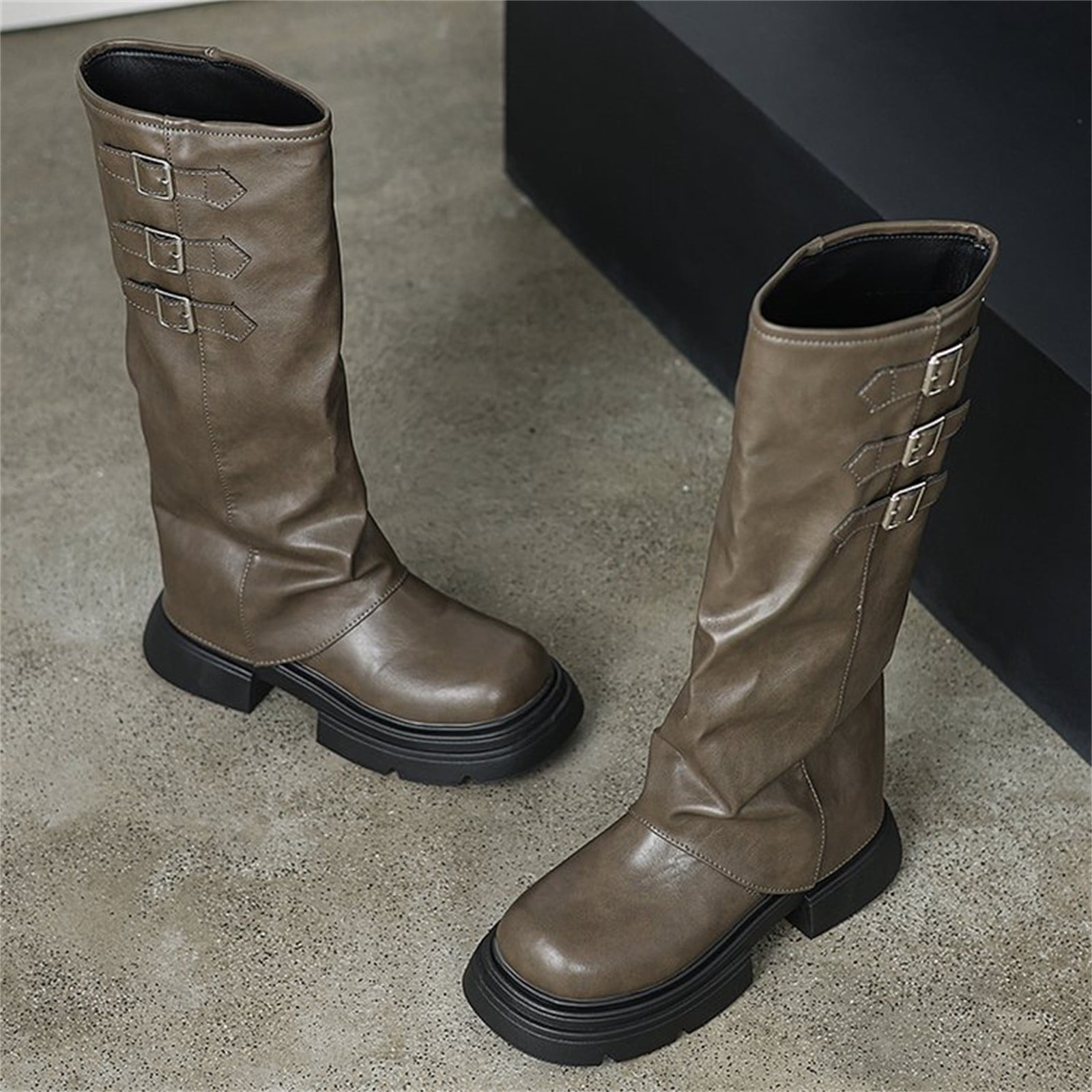 XIMIN Women's Goth Platform Riding Motorcycle Boots Pull On Buckle Low ...