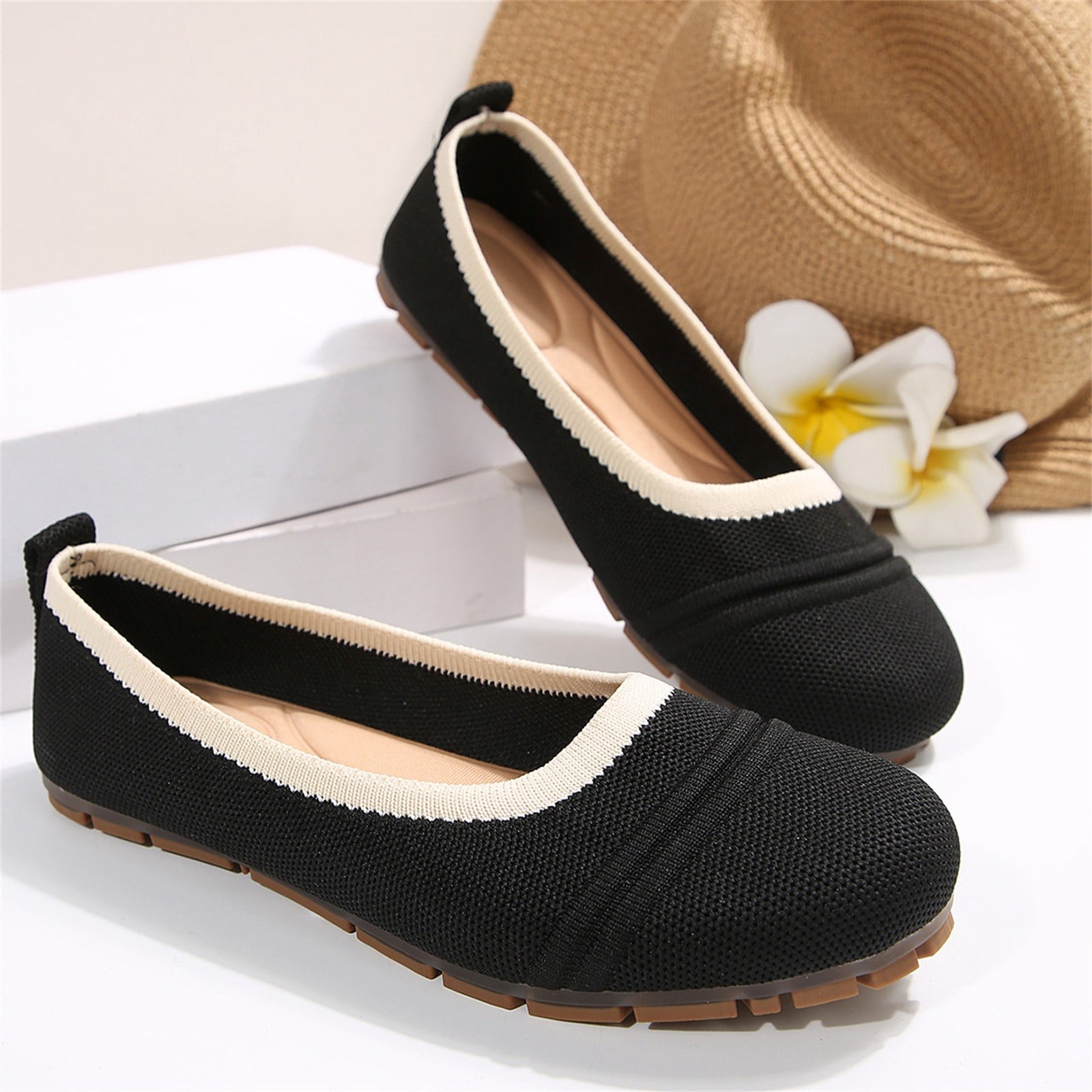 XIMIN Women's Knit Flat Ballet Wide Toe Box Shoes Round Toe Slip on ...