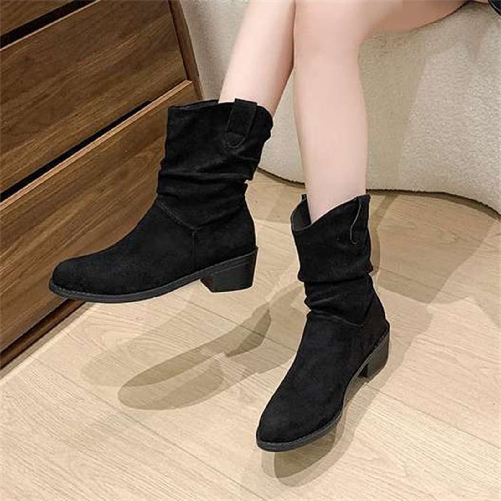 XIMIN Women's Mid Calf Boots Fashion Slouch Chunky Heel Side Zipper ...