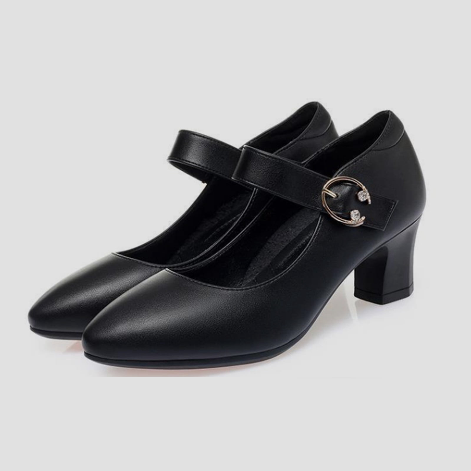 XIMIN Women's Soft Sole Low Block Heel Mary Jane Pumps Buckle Closed ...