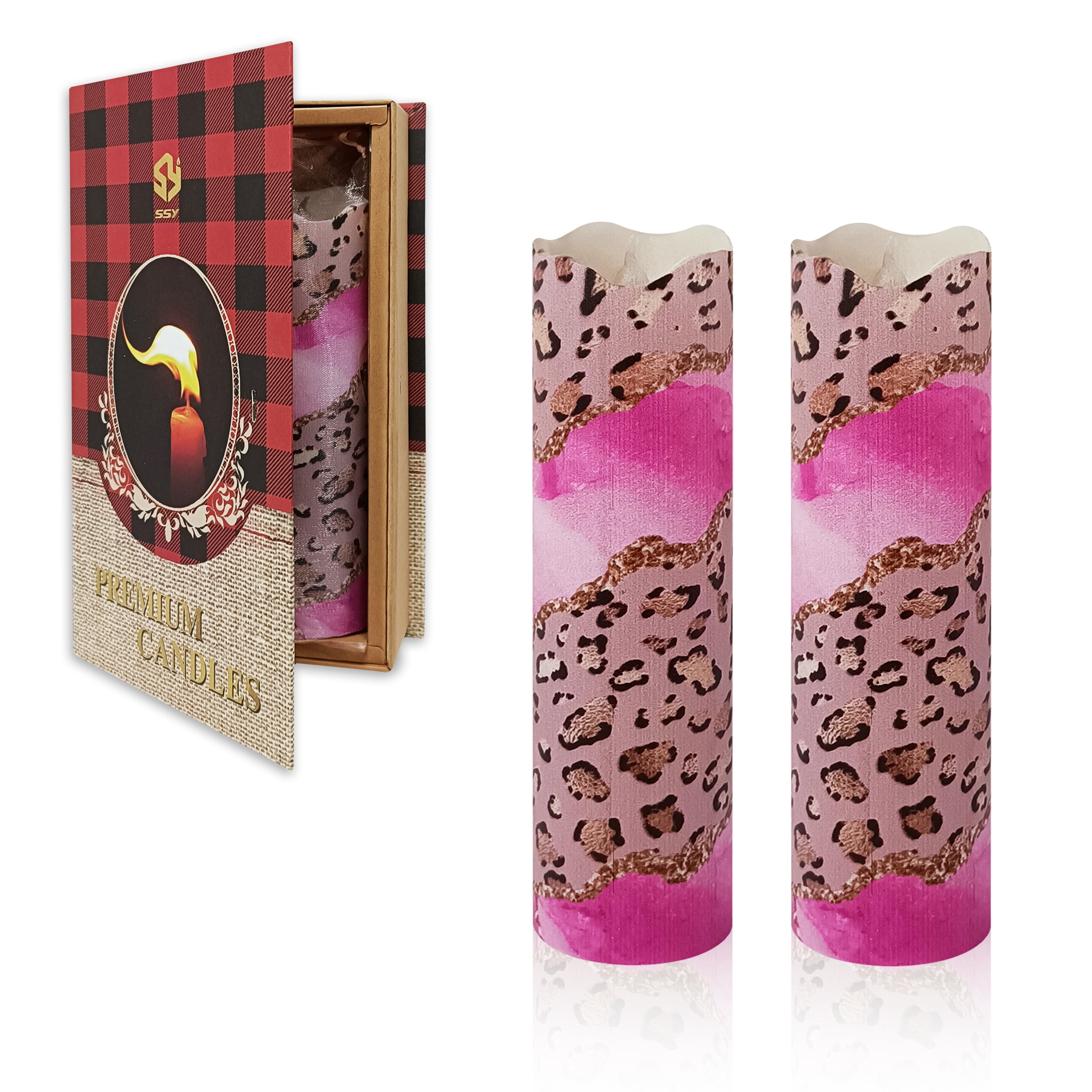 XINAOBAOLUO Flameless Pink Pillar Candles, Set of 2 Pink Leopard Print ...