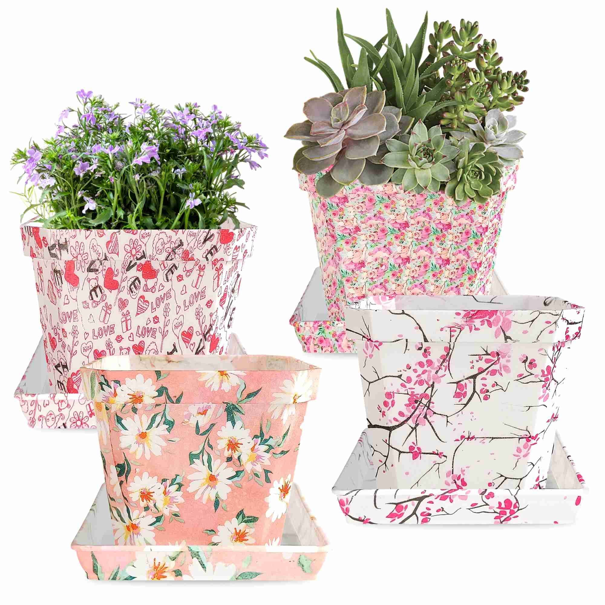 XINAOBAOLUO Plastic Plant Pots Printed Pink Flower Pot with Pallet ...