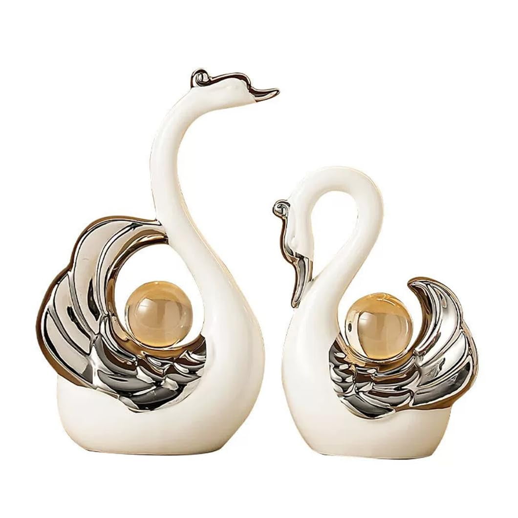 XINDAM A Pair of Swan Figurines Swans Statue with Crystal Ball Model ...