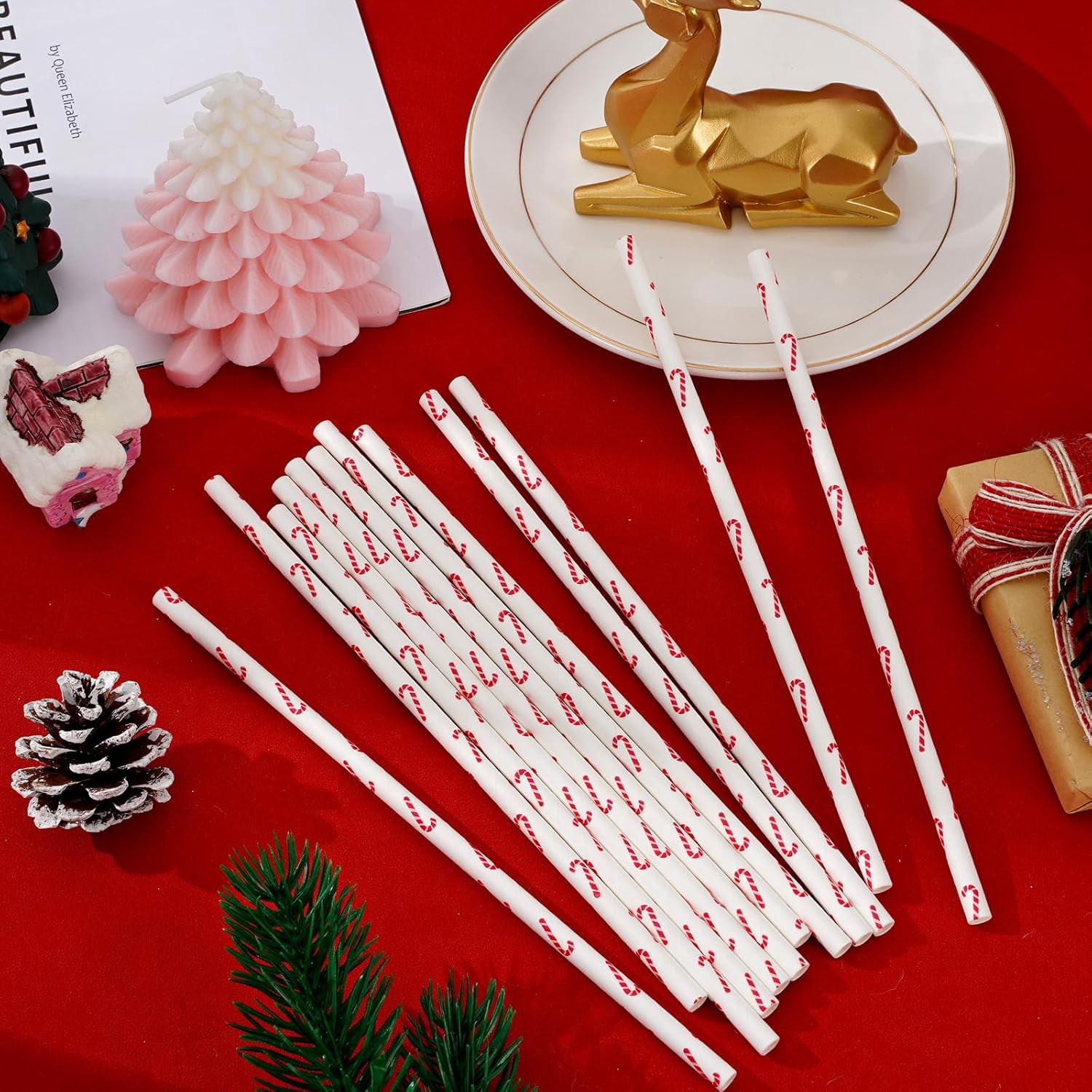 XINDUO-100Pcs Christmas Straws Candy Cane Paper Straws Red White Xmas ...