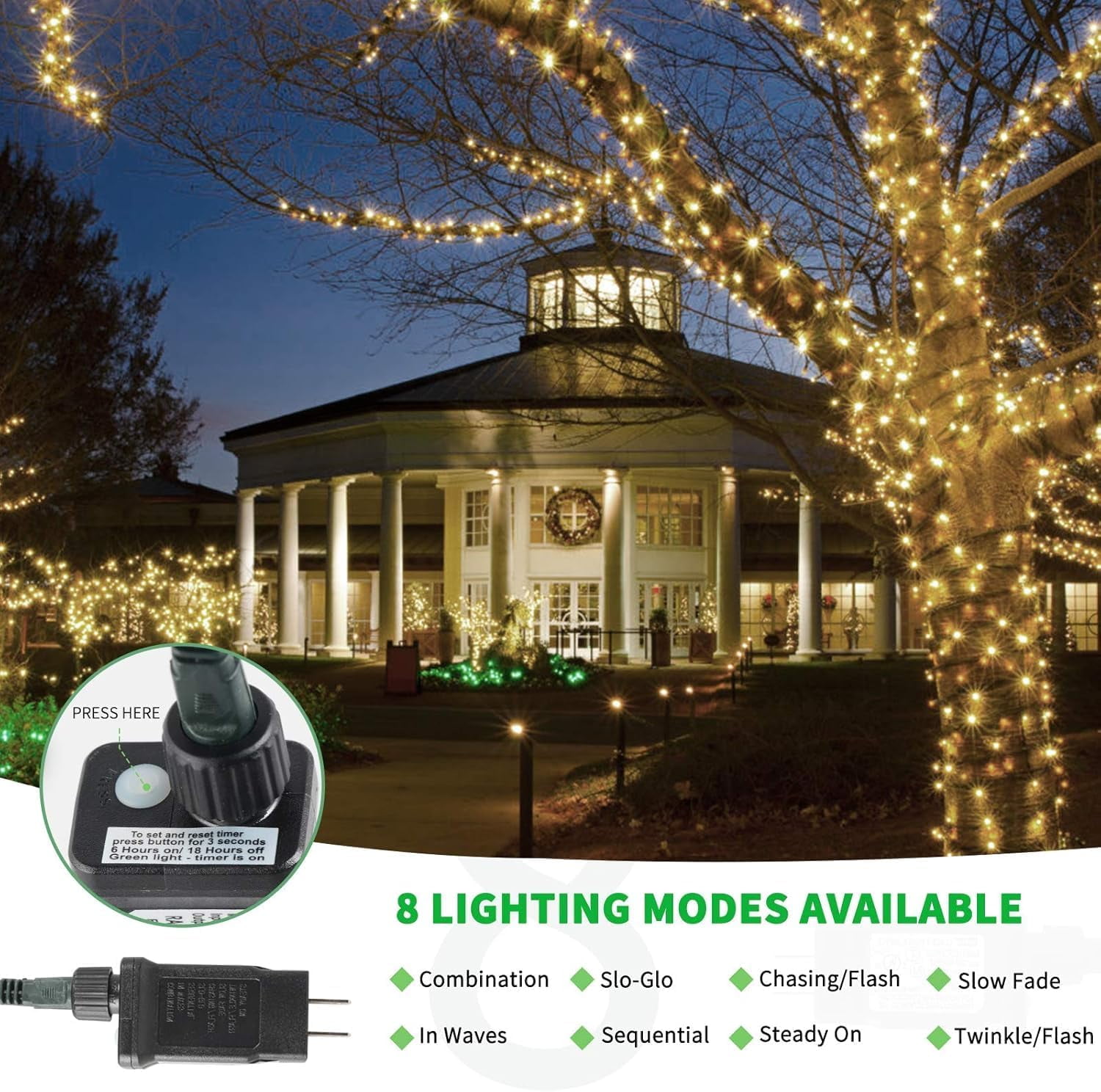 XINDUO-164FT 500 LED Christmas Lights, 8 Modes Christmas Tree Lights ...
