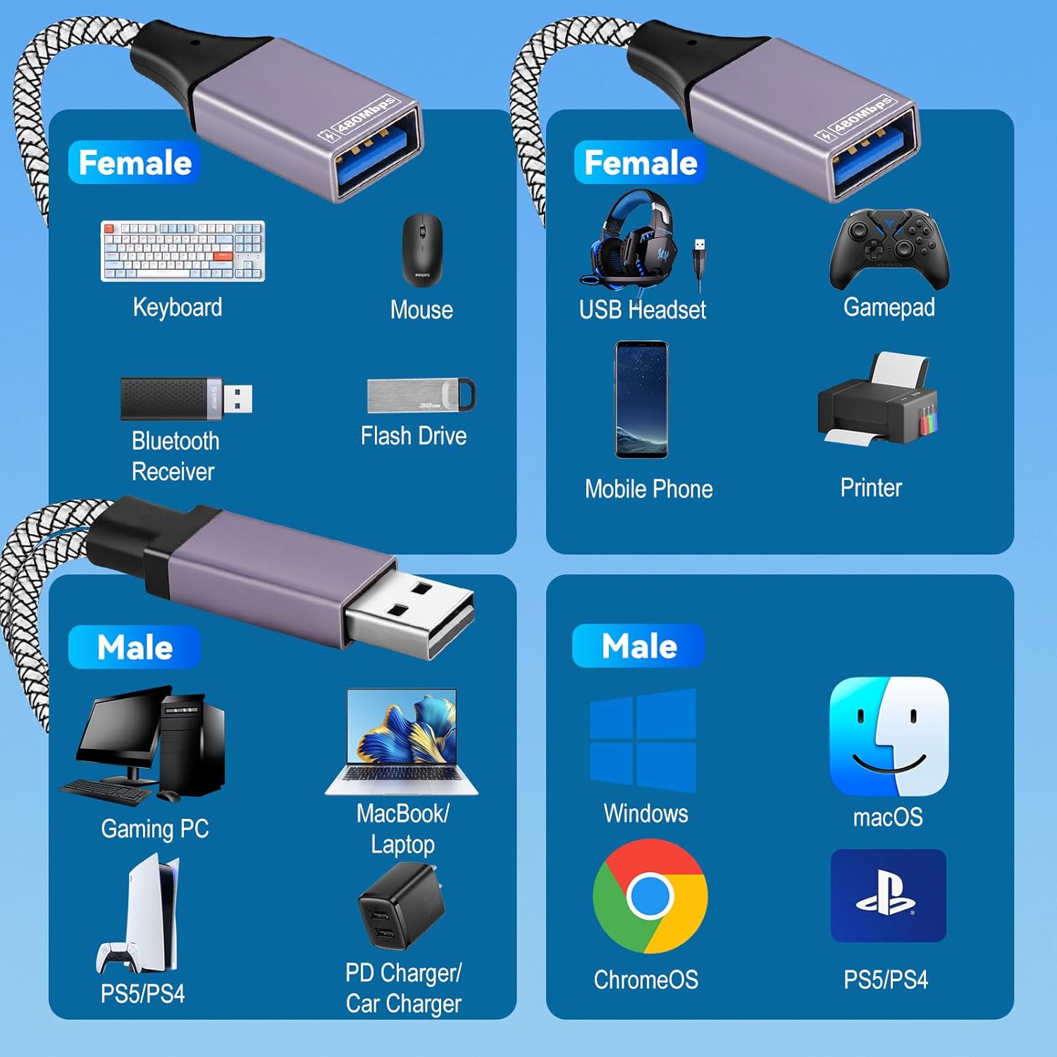 XINDUO-2025 Upgraded,USB Splitter 1 in 2 Out Cable,Double USB Port ...