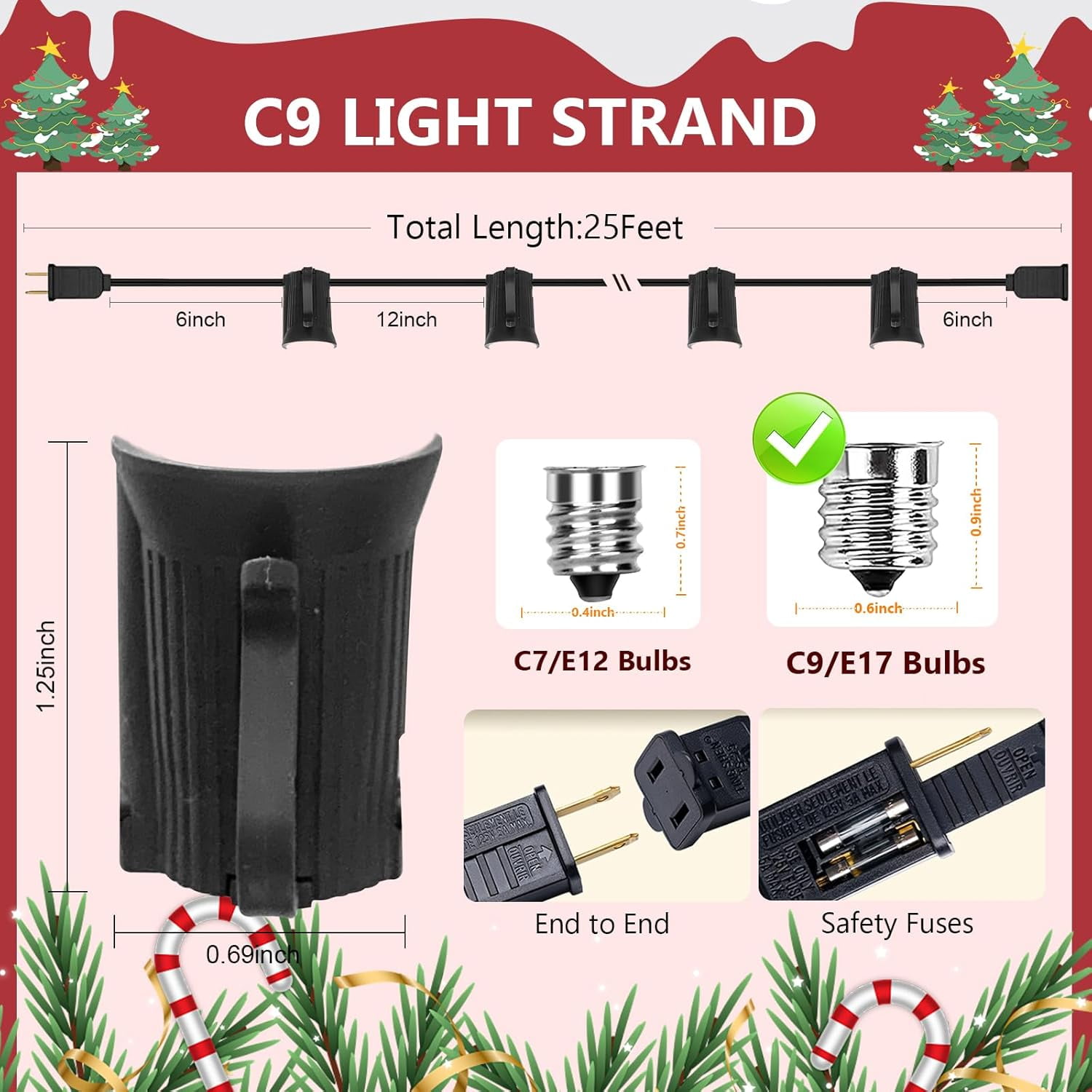 XINDUO-25Ft C9 String Light Set, Connectable C9 Light Strand with 25 ...