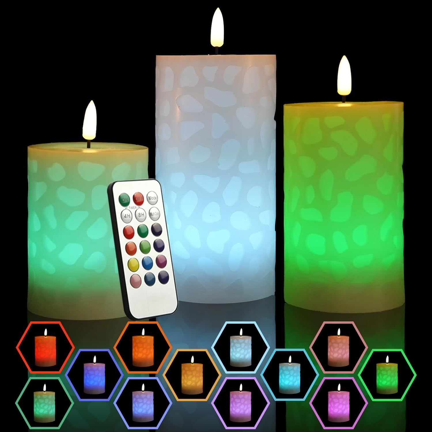 XINDUO-3PCS LED Multi Colored Flameless Candles Pillar Battery Operated ...