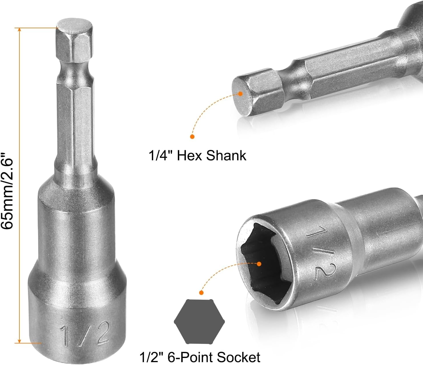 XINDUO-3pcs Hex Nut Driver Drill Bit 1/2" 6-Point Socket 1/4" Hex Shank ...