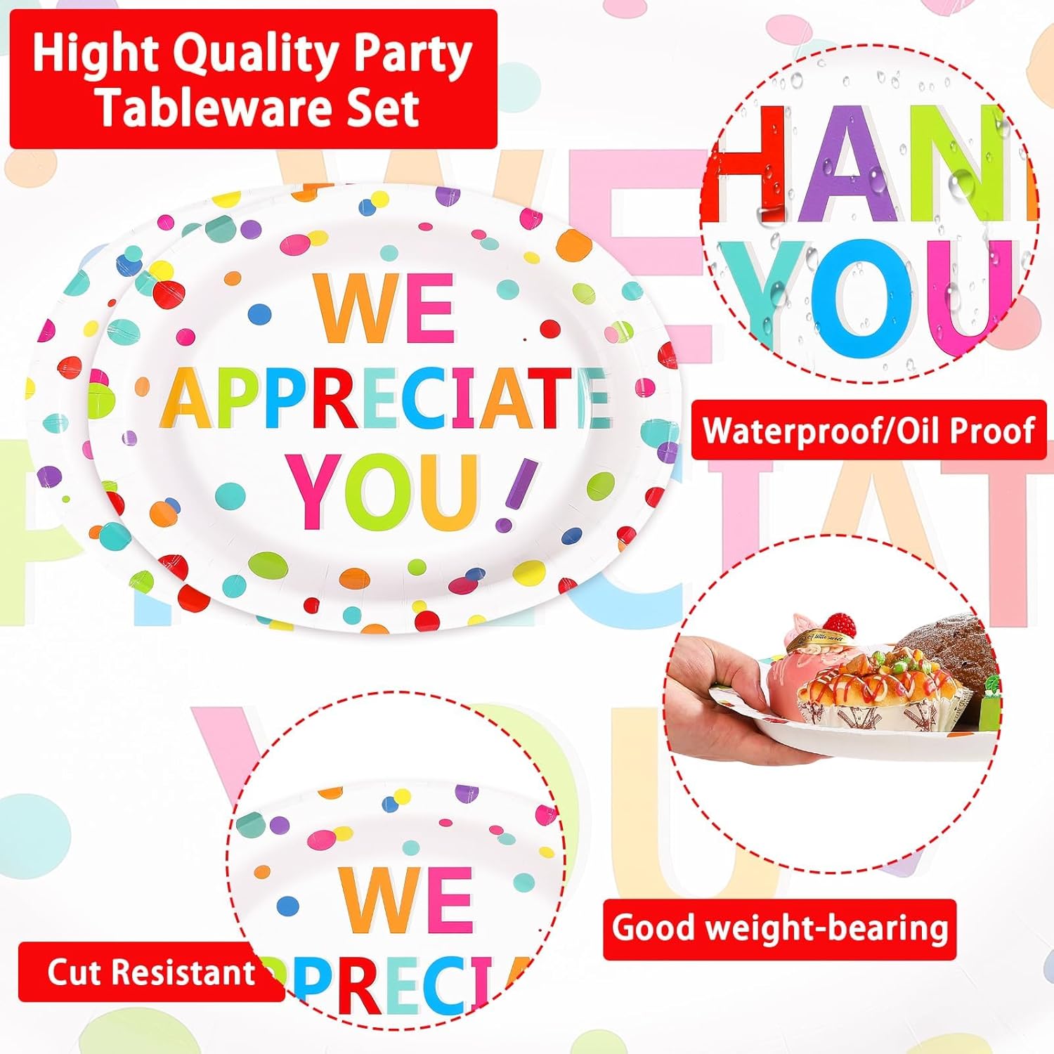 XINDUO-50Pcs Thank You Oval Paper Plates 10" x 12" Large Heavy Duty We ...