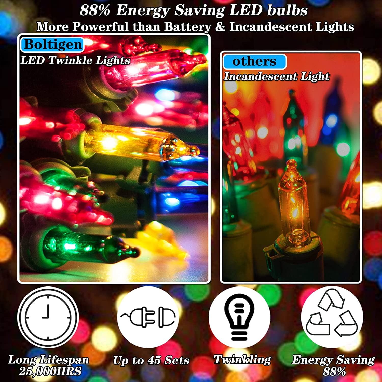 XINDUO-60 LED Multicolor Twinkling Christmas String Lights Plug in, 17 ...