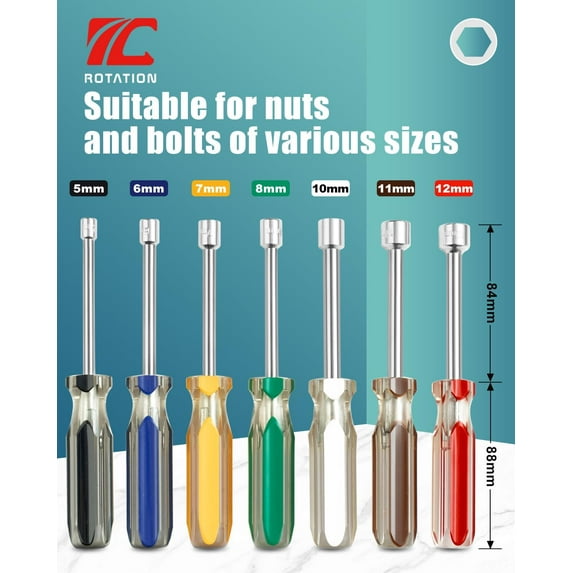 XINDUO-7PC Metric Nut Driver Set - 5-12mm Hex Drivers for Bolts Nuts ...