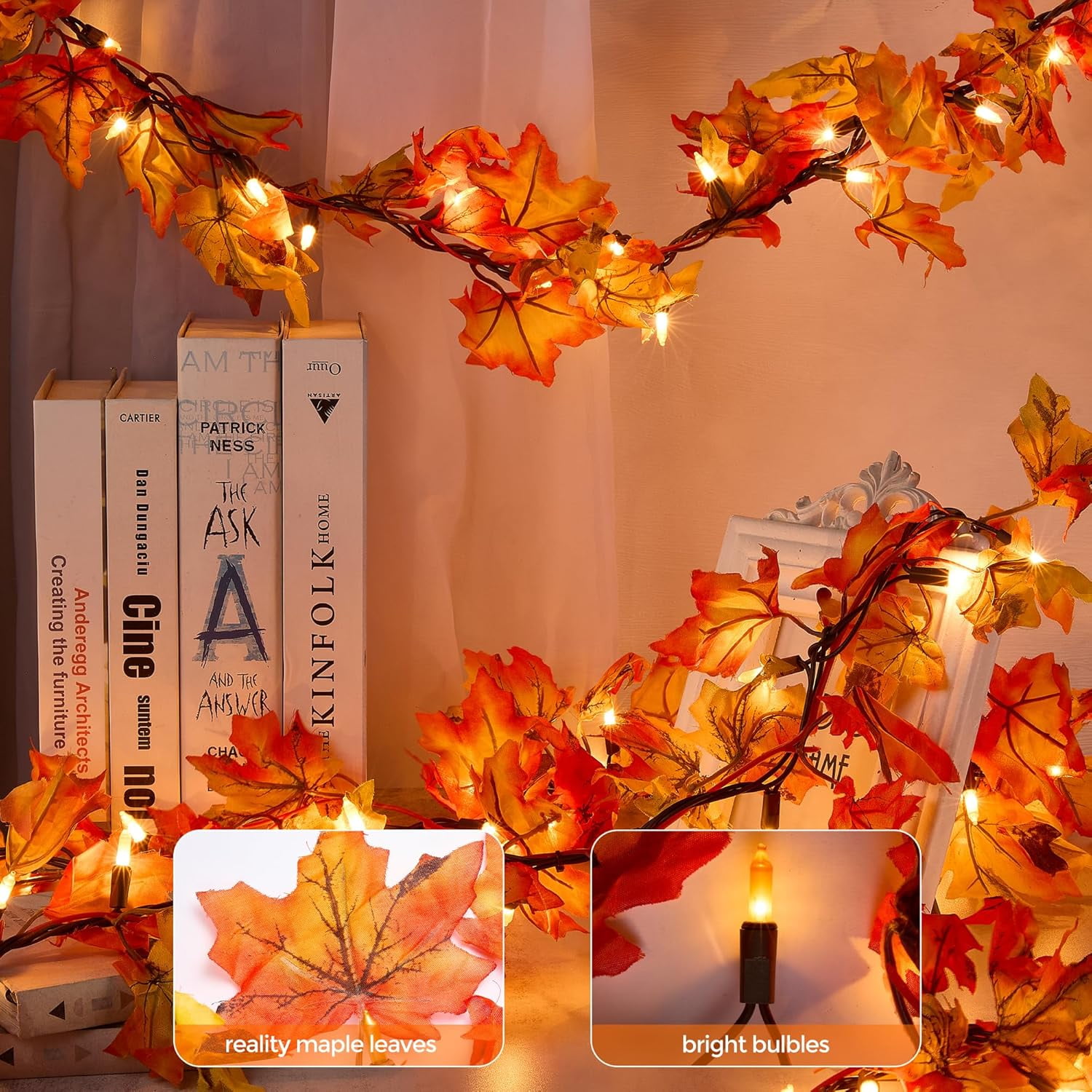 XINDUO-9ft Fall Leaf Garland with 50 Bulb Lights – Autumn Maple Leaves ...