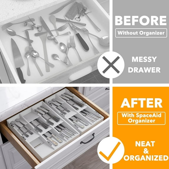 XINDUO-Bamboo Silverware Drawer Organizer with Labels, Kitchen Utensil ...