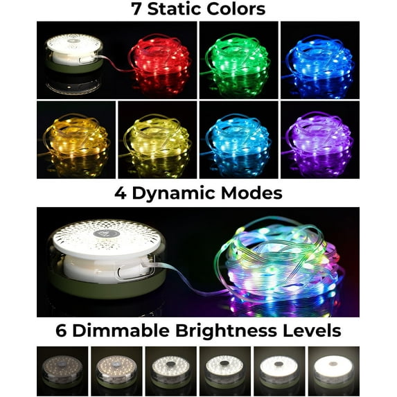 XINDUO-Camping String Lights, 32.8ft Retractable RGB Tent String Lights ...