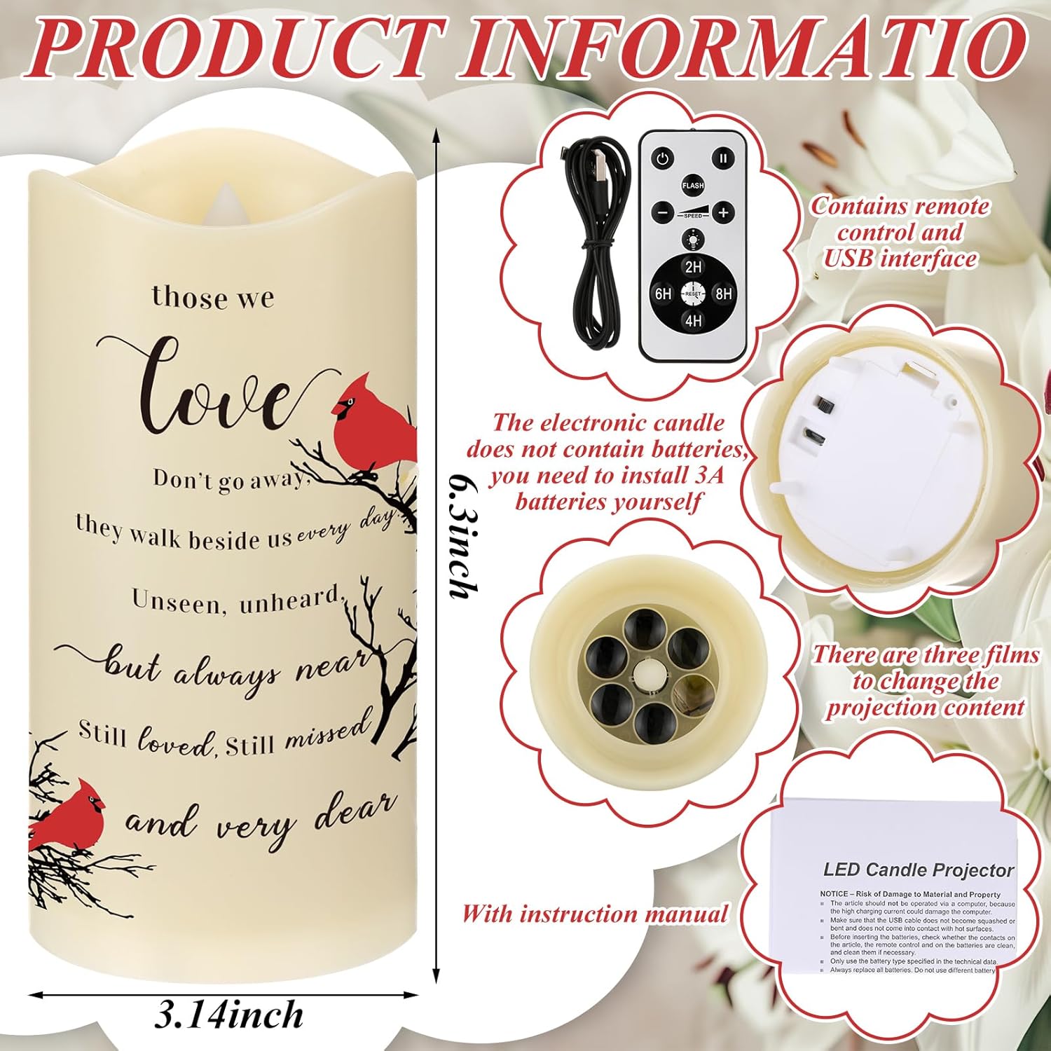 XINDUO-Cardinal Memorial Candle Projector Light Sympathy Christmas ...