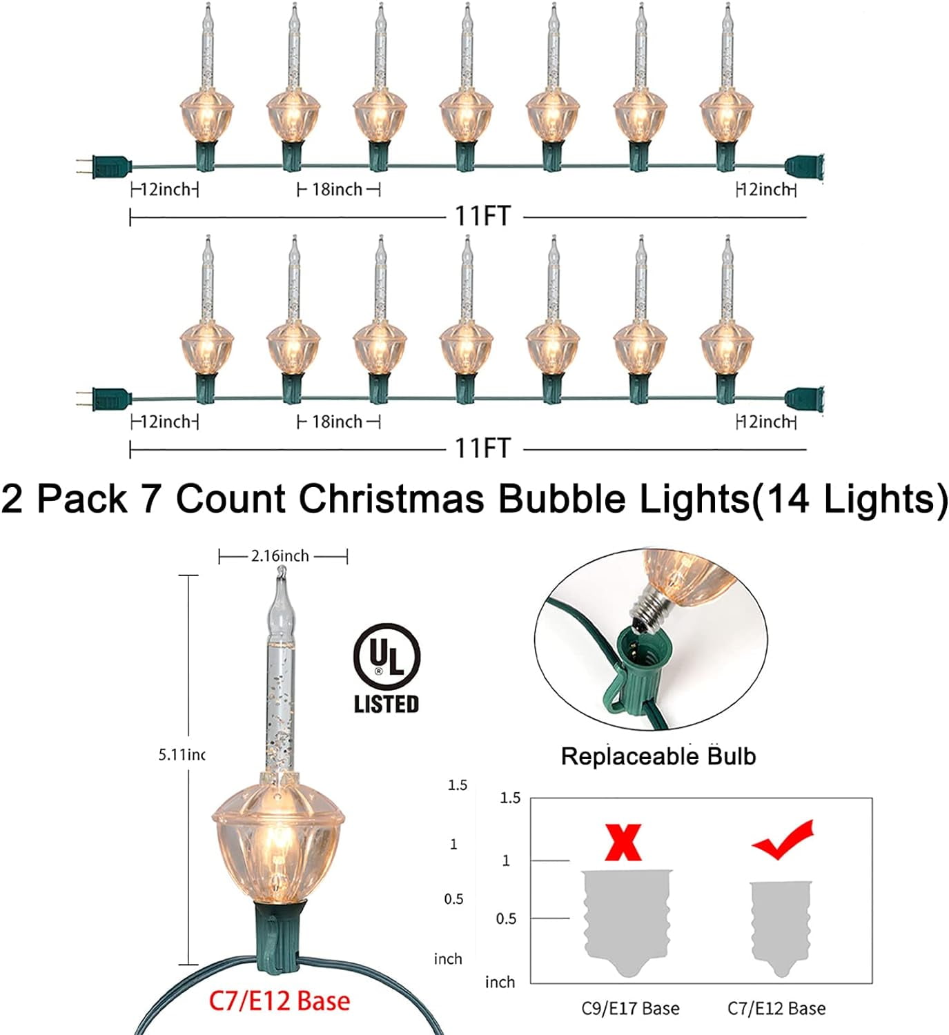 XINDUO-Christmas Bubble Lights,11Ft Vintage Bubble String Light Set, 7 ...