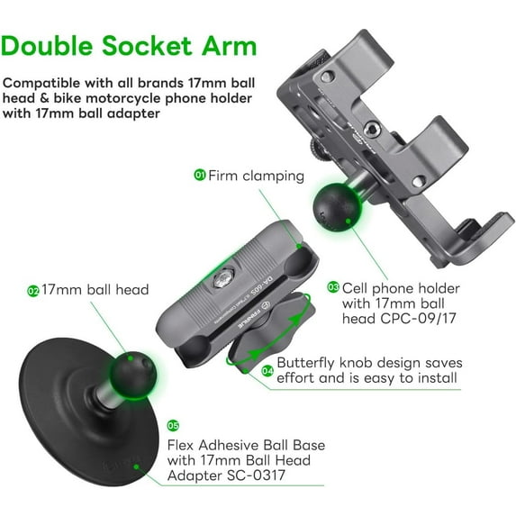 XINDUO-Double Socket Arm Connects to 17mm Ball Head Adapter Only ...