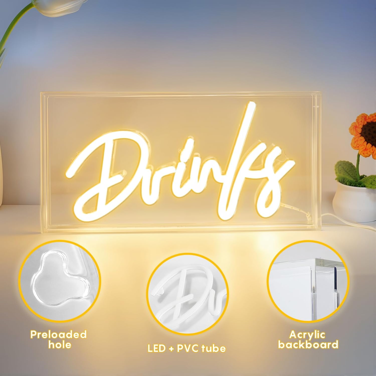 XINDUO-Drinks Neon Sign, Drinks Signs USB LED Desk Lightbox with ON/OFF ...