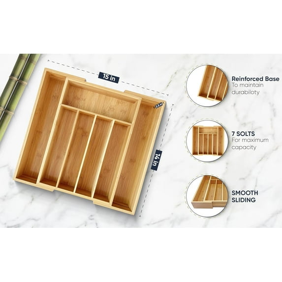 XINDUO-Expandable Bamboo Silverware Organizer Utensil Drawer Organizer ...