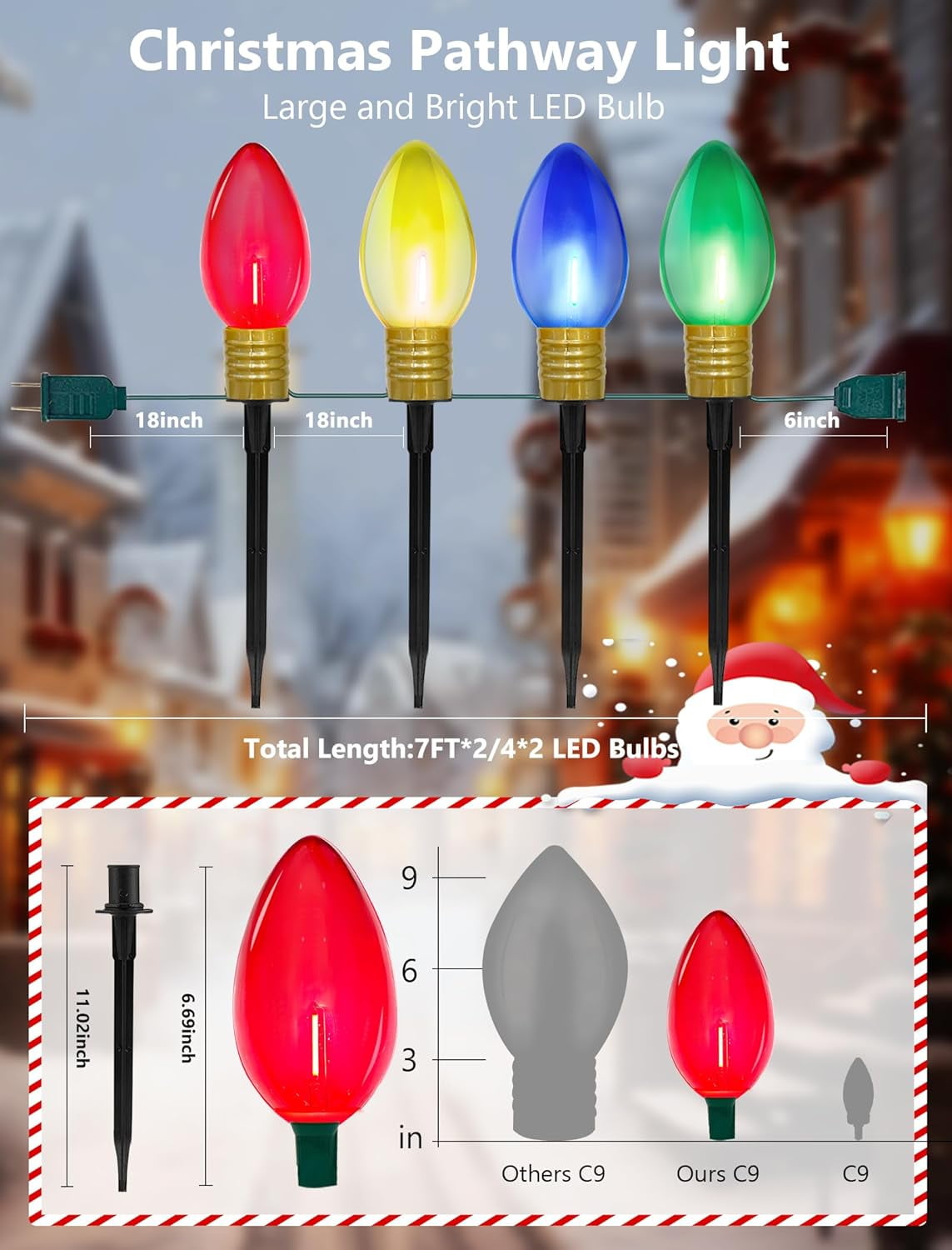 XINDUO-Jumbo Outdoor Christmas Lights Pathway, 2 Pack 7 Ft Jumbo C9 LED ...