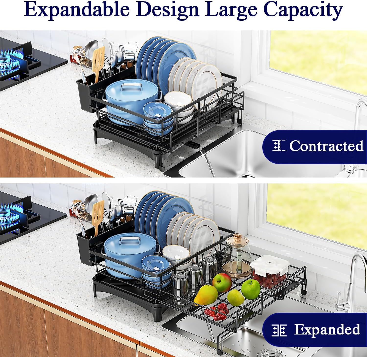 XINDUO-Large Dish Drying Rack, Black Carbon Steel, Dish Rack, Dishware ...
