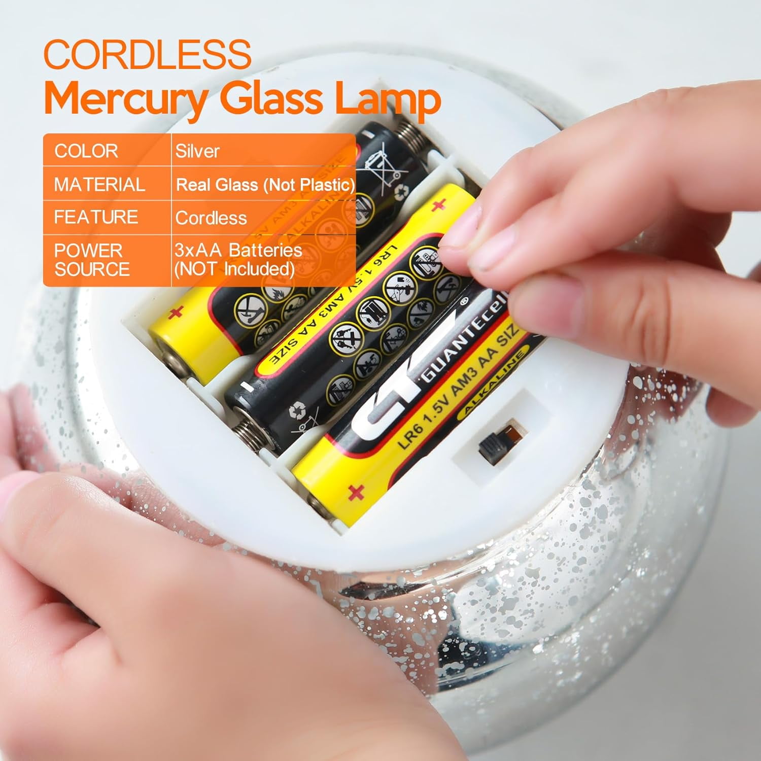 XINDUO-Mercury Glass Ball Lamp with Timer, Silver Cordless Glass Orb ...