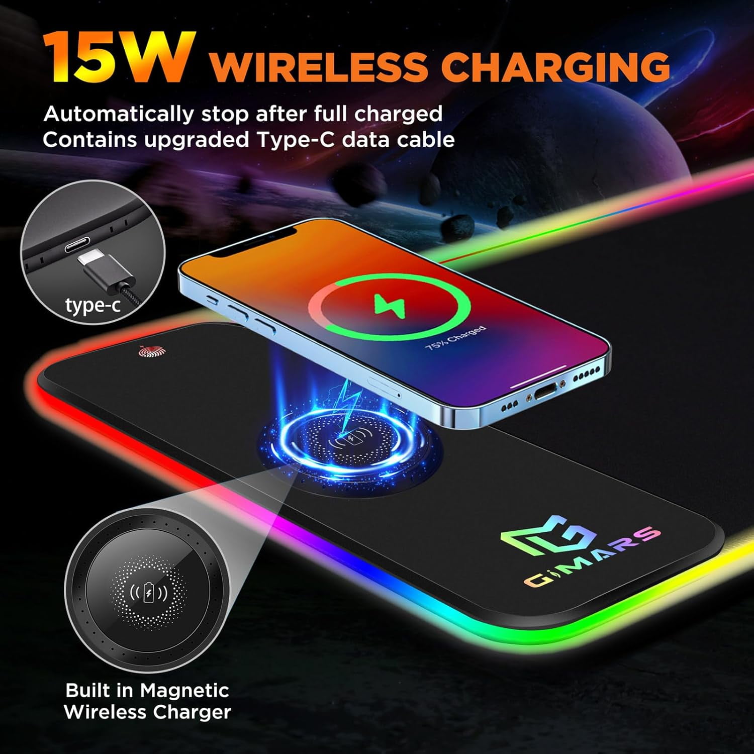XINDUO-RGB Gaming Mouse Pad,15W Wireless Charging Mousepad with 10 ...
