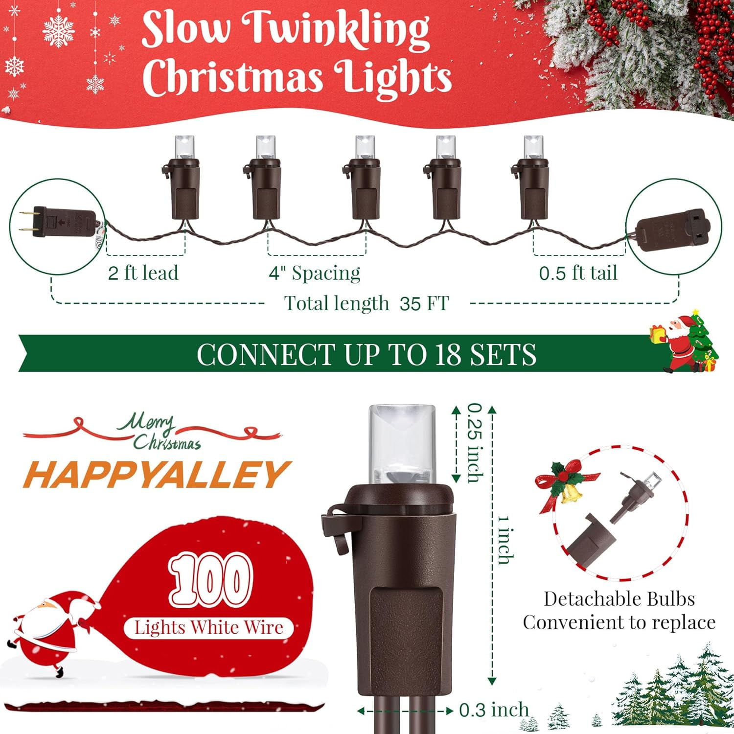 XINDUO-Slow Twinkling Christmas Light, 100 LED 35Ft Pulsing Twinkle ...