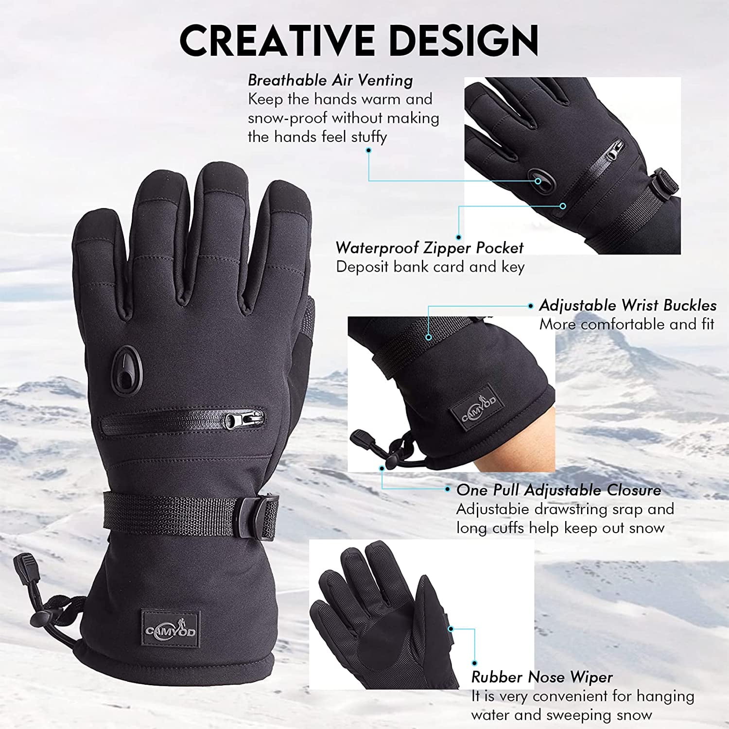 XINDUO-Waterproof Ski Snowboard Gloves with 3M Thinsulate,Zipper Pocket ...