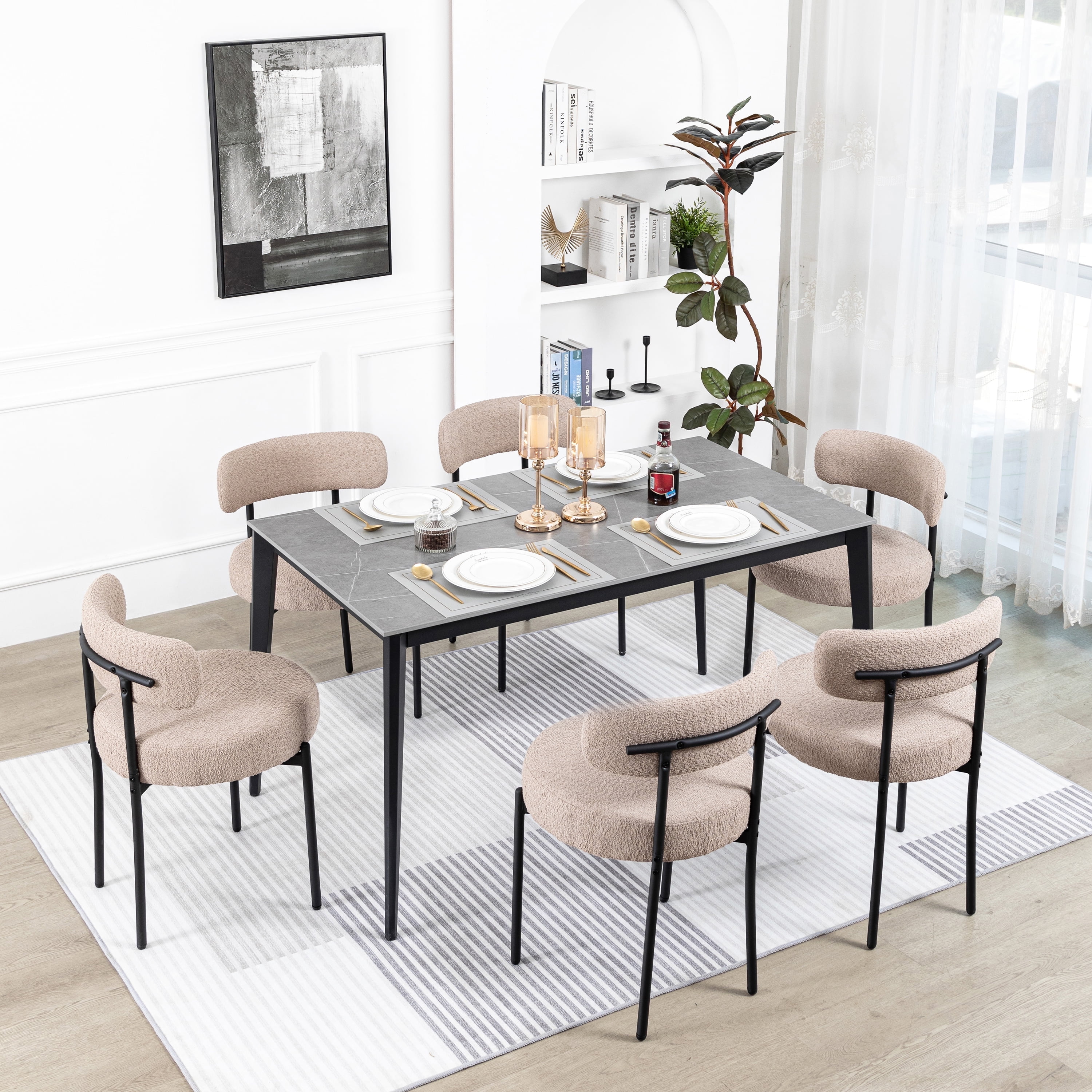 XINMICS Set of 6 Modern Dining Chairs, Round Upholstered Boucle Sherpa ...