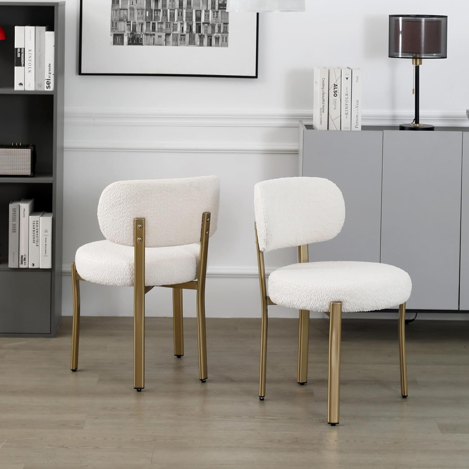 XINMICS Modern White Boucle Dining Chairs Set of 2, Upholstered with ...