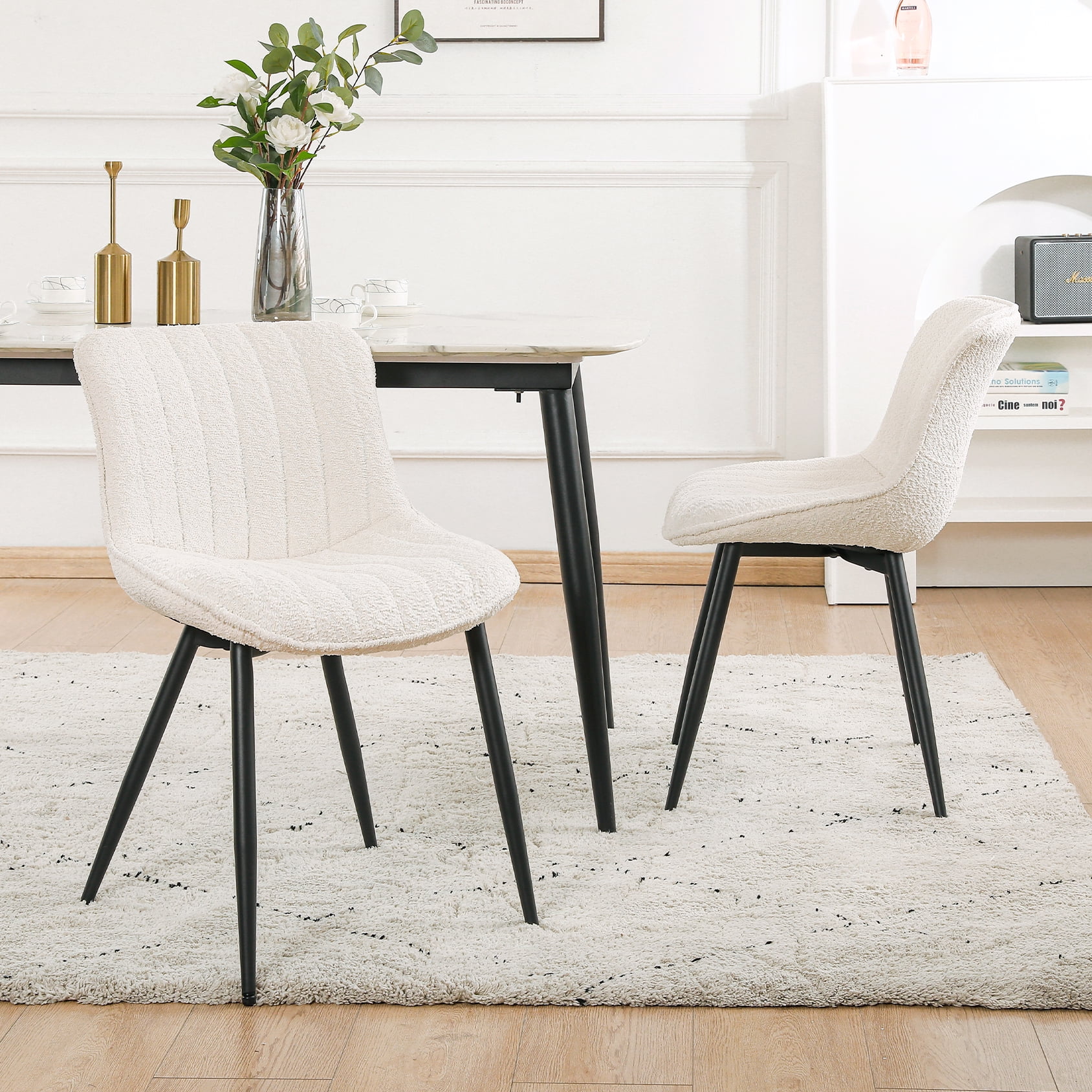 XINMICS White Dining Chairs Set of 2 Modern Boucle Dining Room Chairs ...