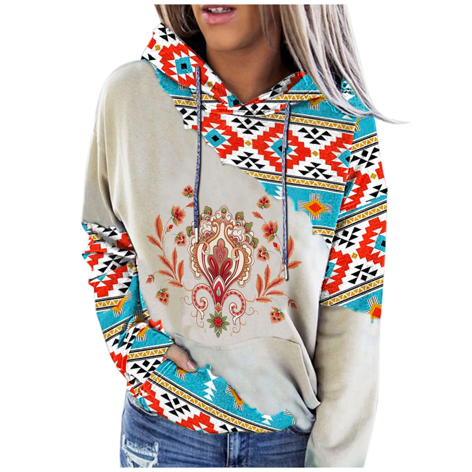 Xinshide Women Sweatershirts Western Ethnic Print Sweatshirt Hoodie