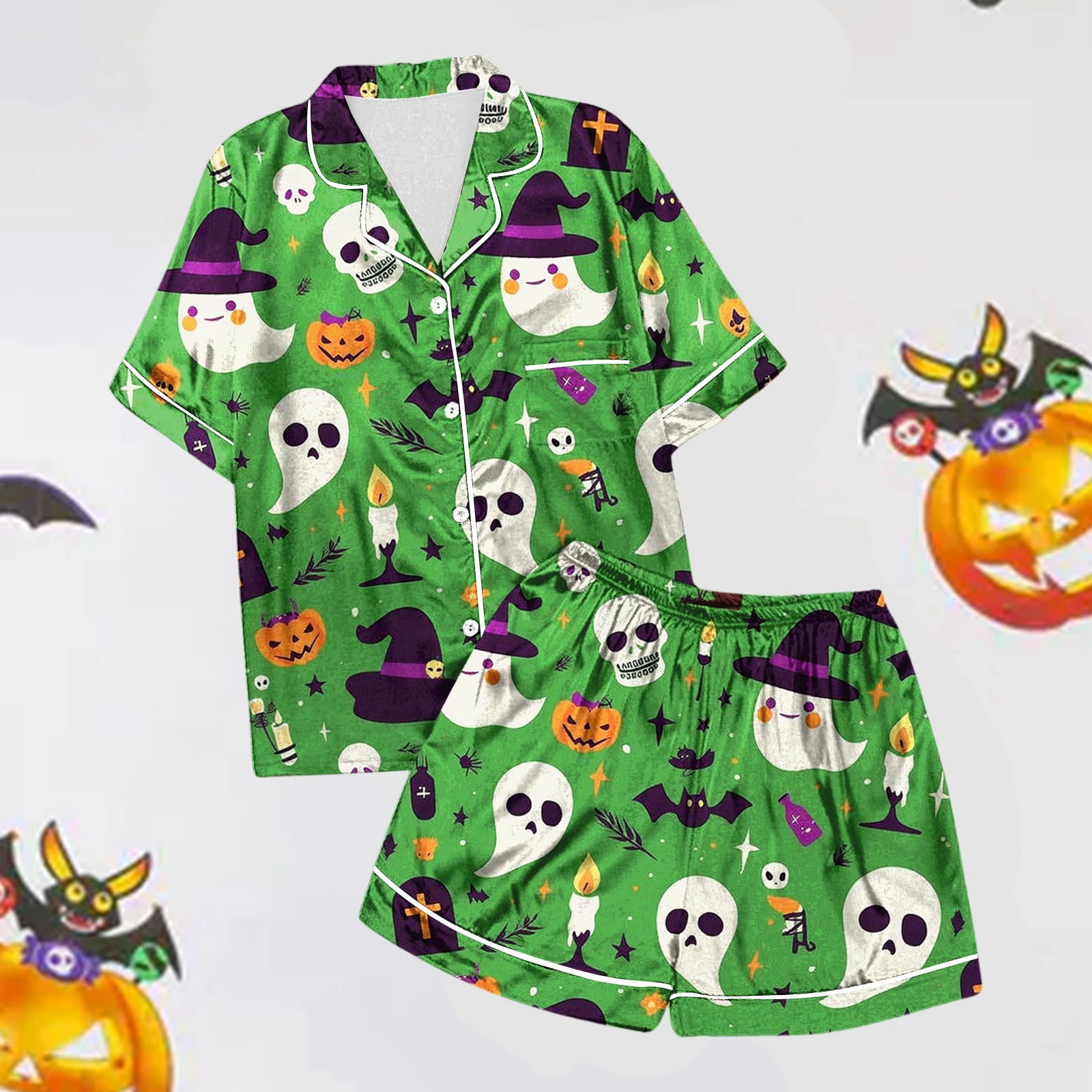 XINXIAOO Halloween Pajamas Two Piece Satin Pajama Set Bat Skeleton ...
