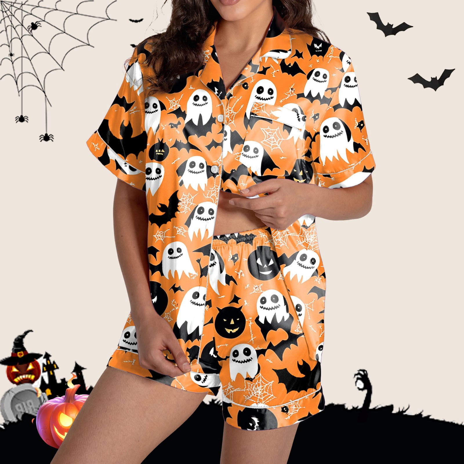 XINXIAOO Halloween Pjs Women Two Piece Silk Pijamas Women Set Pumpkin ...