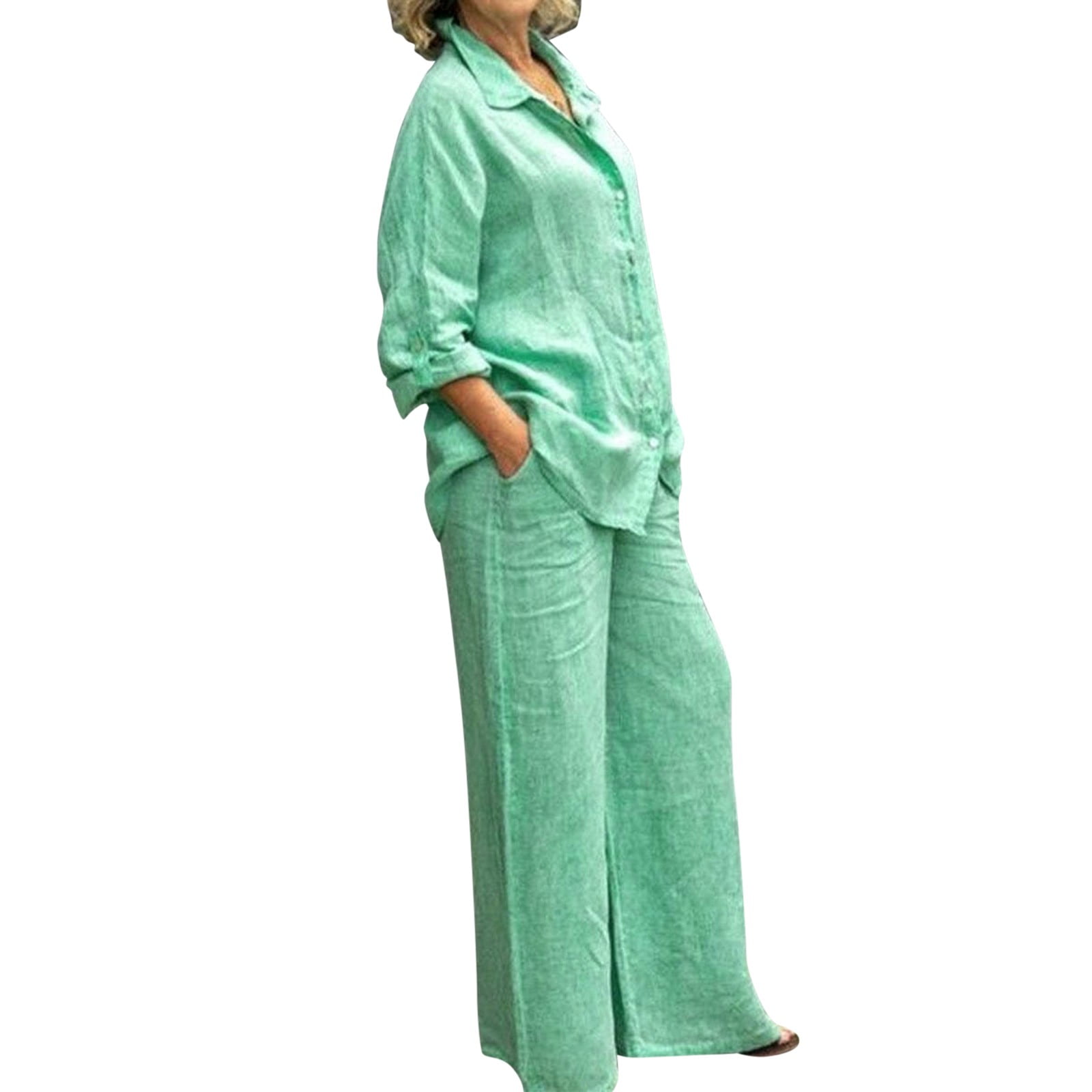 XINXIAOO Women Summer 2 Piece Outfits Long Sleeve Top Wide Leg Pants ...