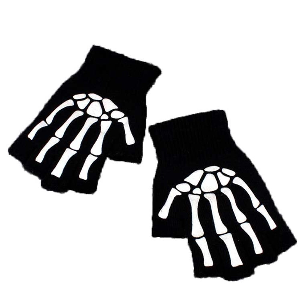 XINYUAN Gothic Knitted Black with White Skeleton Bones Fingerless ...