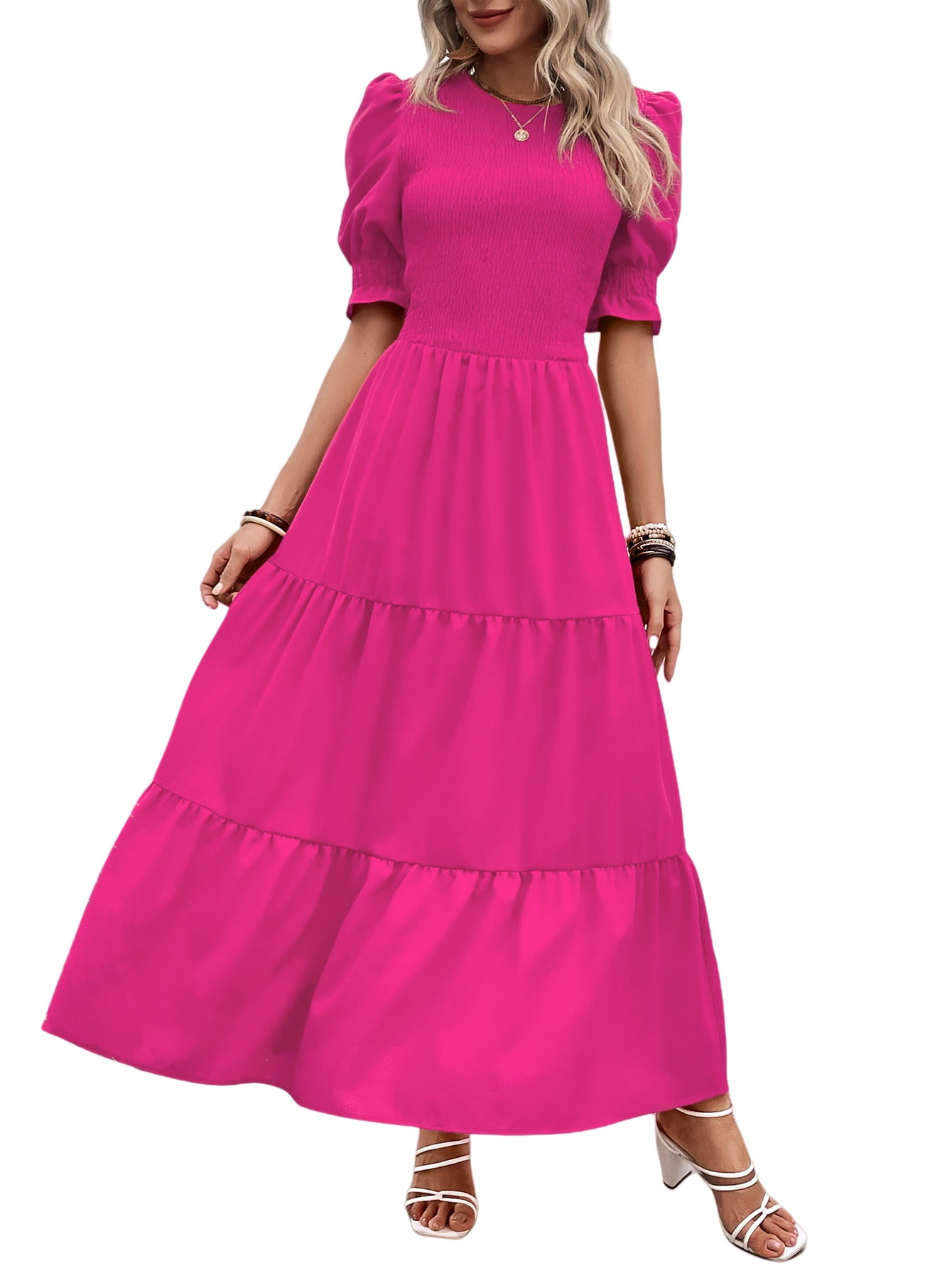 XIONGMEI Women Casual Summer Dresses Spring Crew Neck Ruffle Short ...