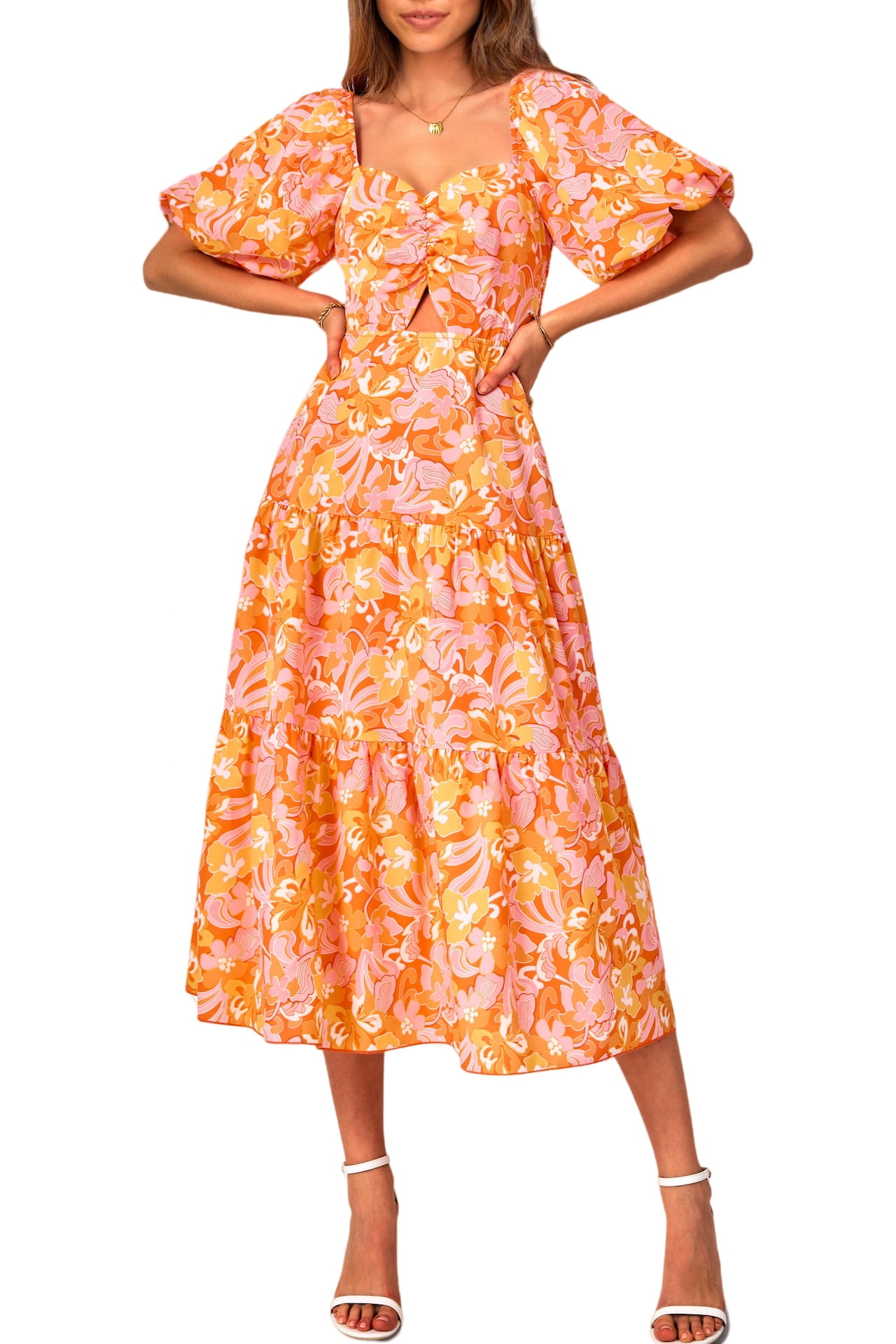 FreshPretty Women Summer Dresses Casual Flowy Beach Square Neck Puff ...