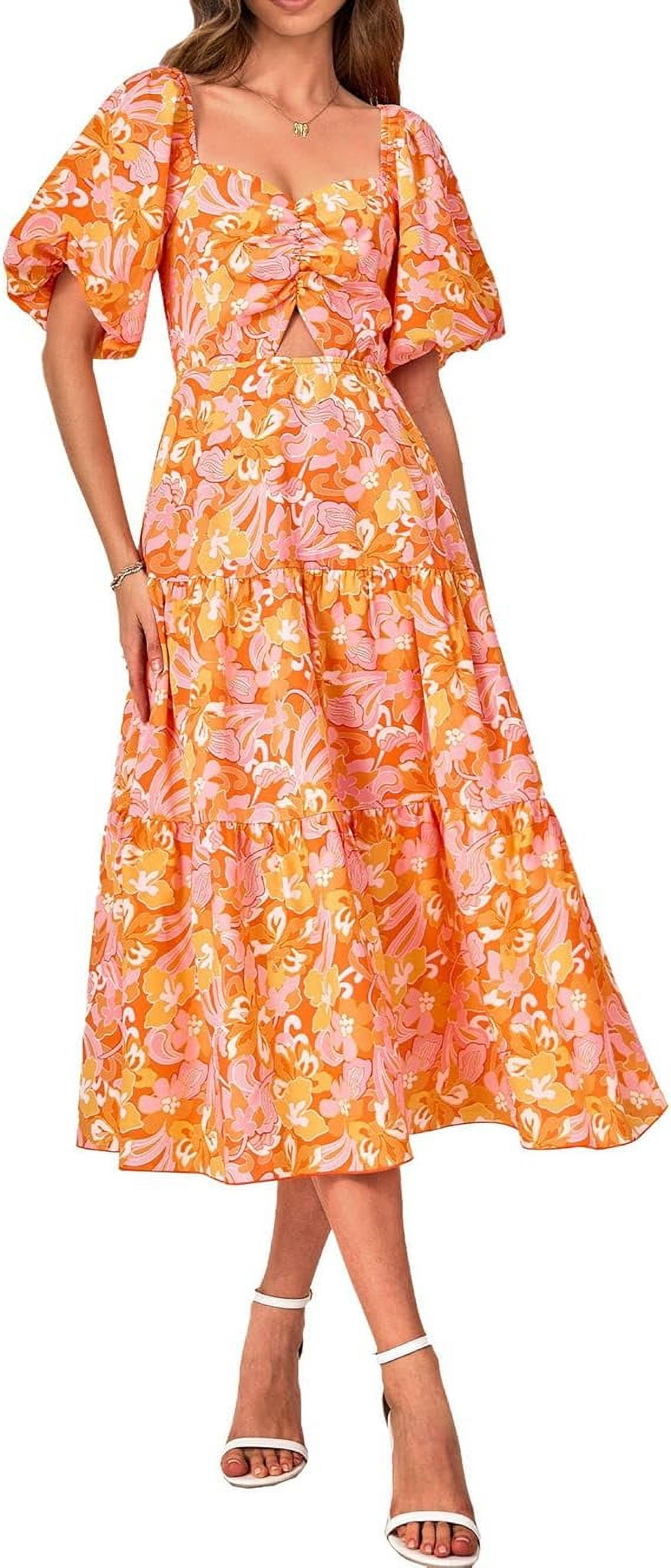 XIONGMEI Women Summer Dresses Casual Flowy Beach Square Neck Puff Short ...