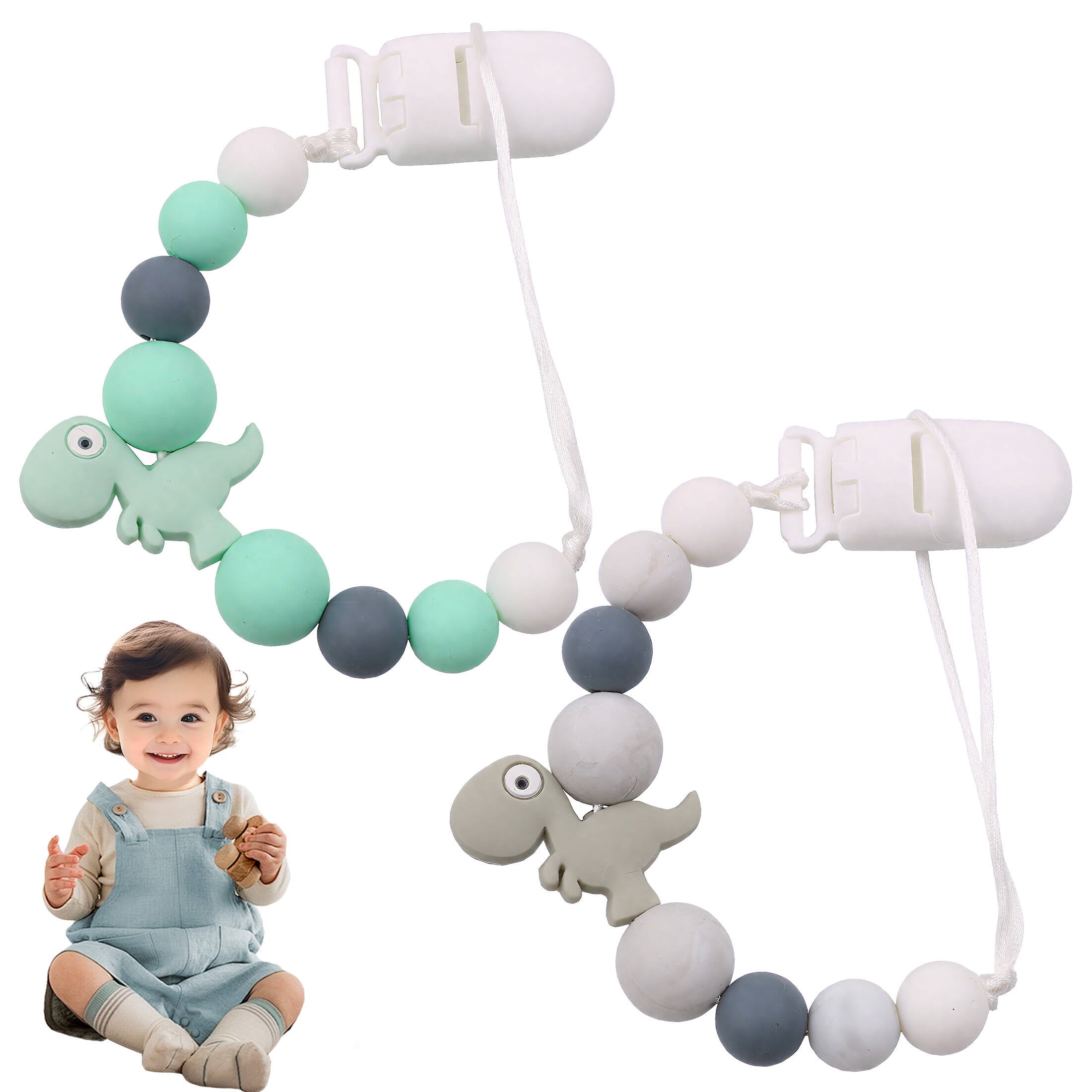 XIRQI 2Pcs Pacifier Clip Dinosaur Design Pacifier Clips Baby Girl ...